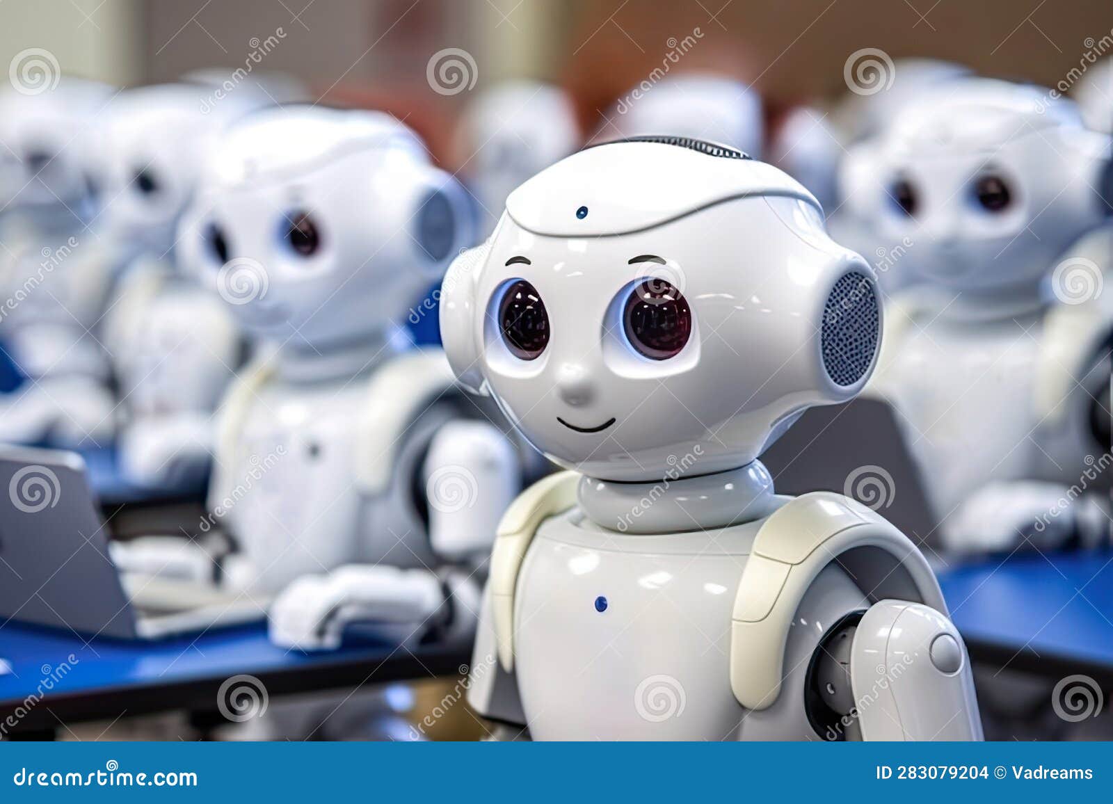 Cute Little Robots Sitting at Desk with Computers in School, Doing ...