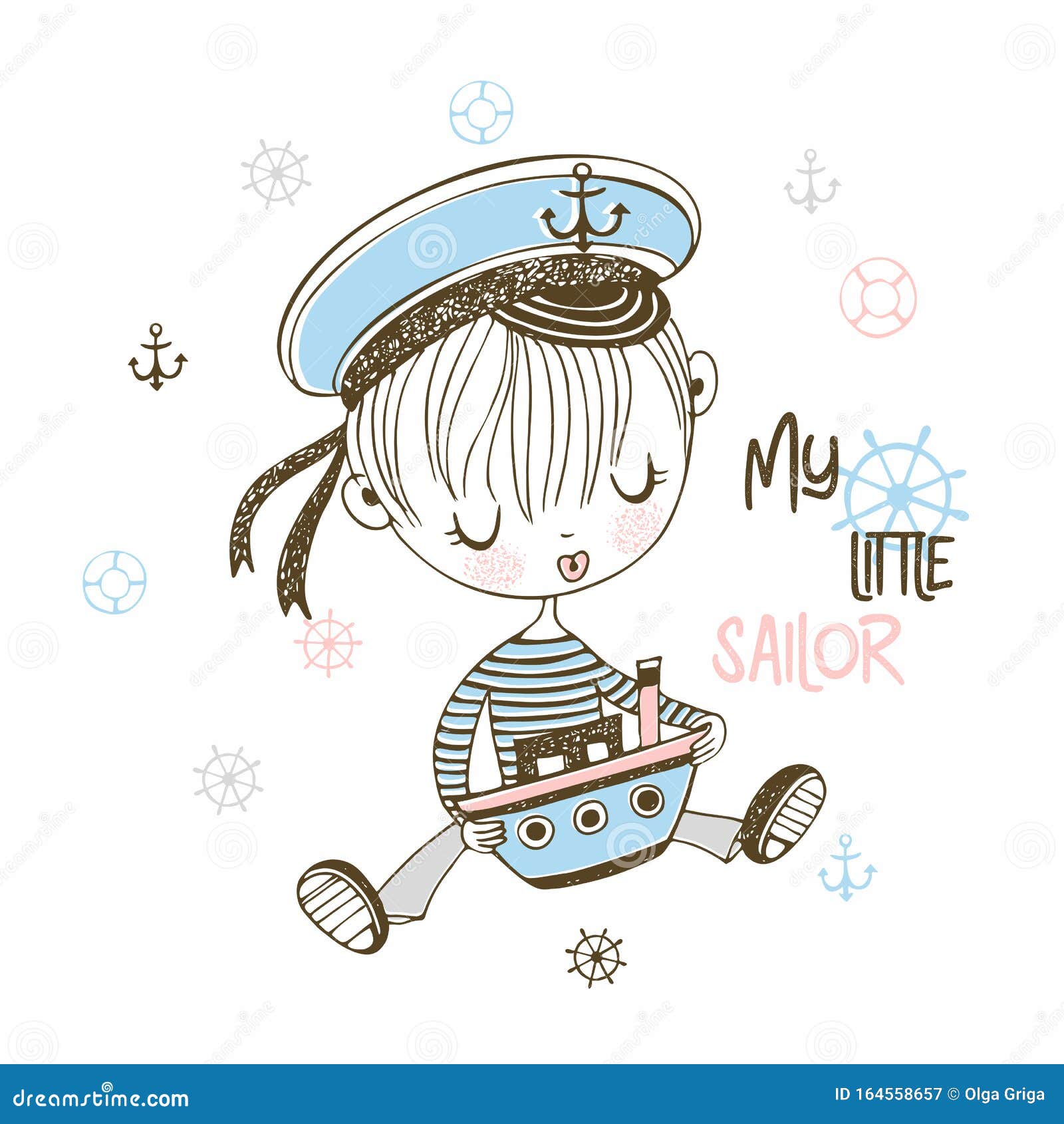 The Little Sailor With Flags And Dog On Wooden Ship.A Cute Cartoon Boy ...
