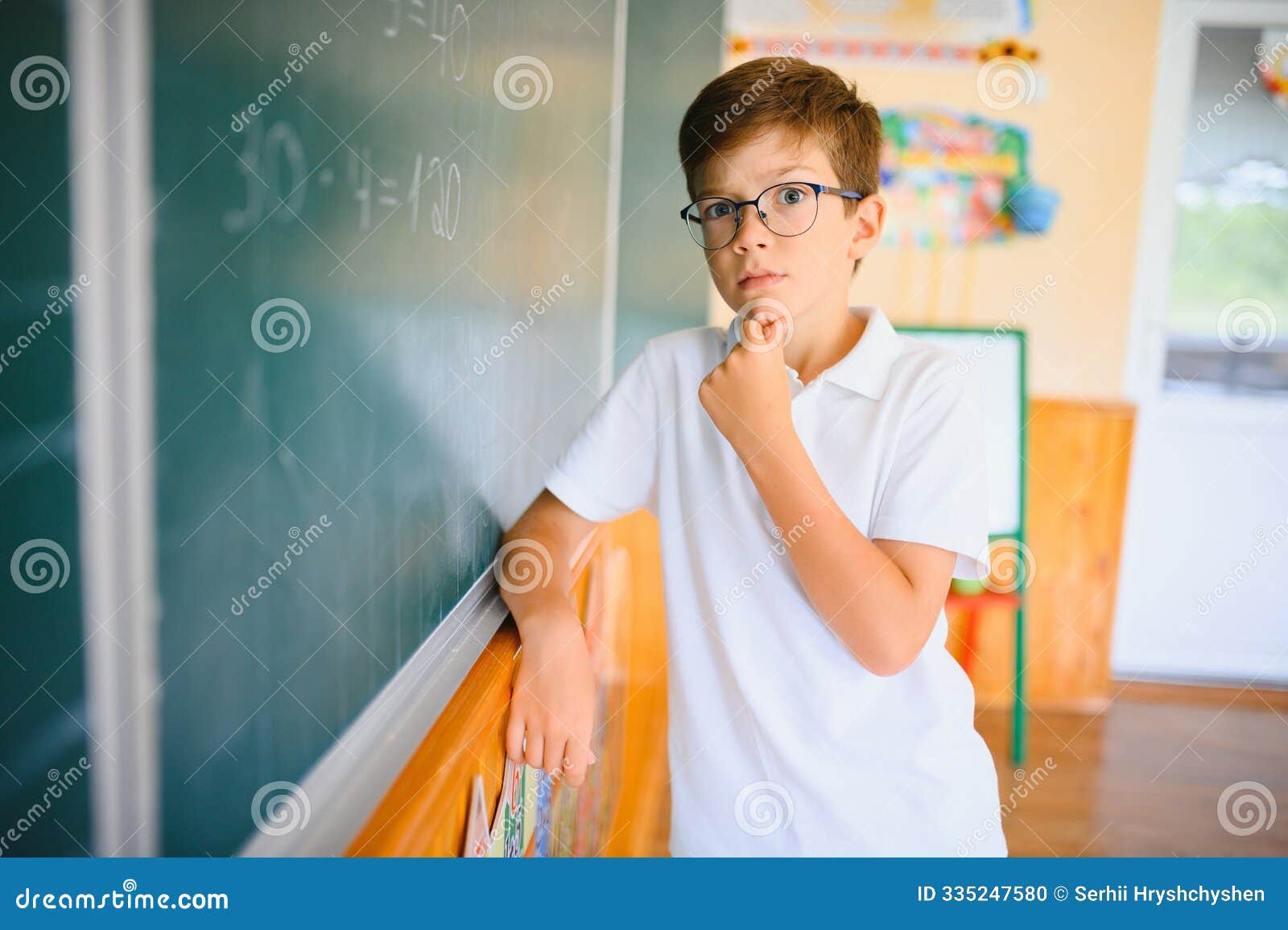Cute Little Schoolboy Diligent Write Chalk Solve Math Problem Dressed ...