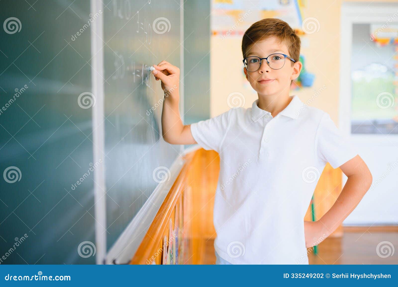 Cute Little Schoolboy Diligent Write Chalk Solve Math Problem Dressed ...