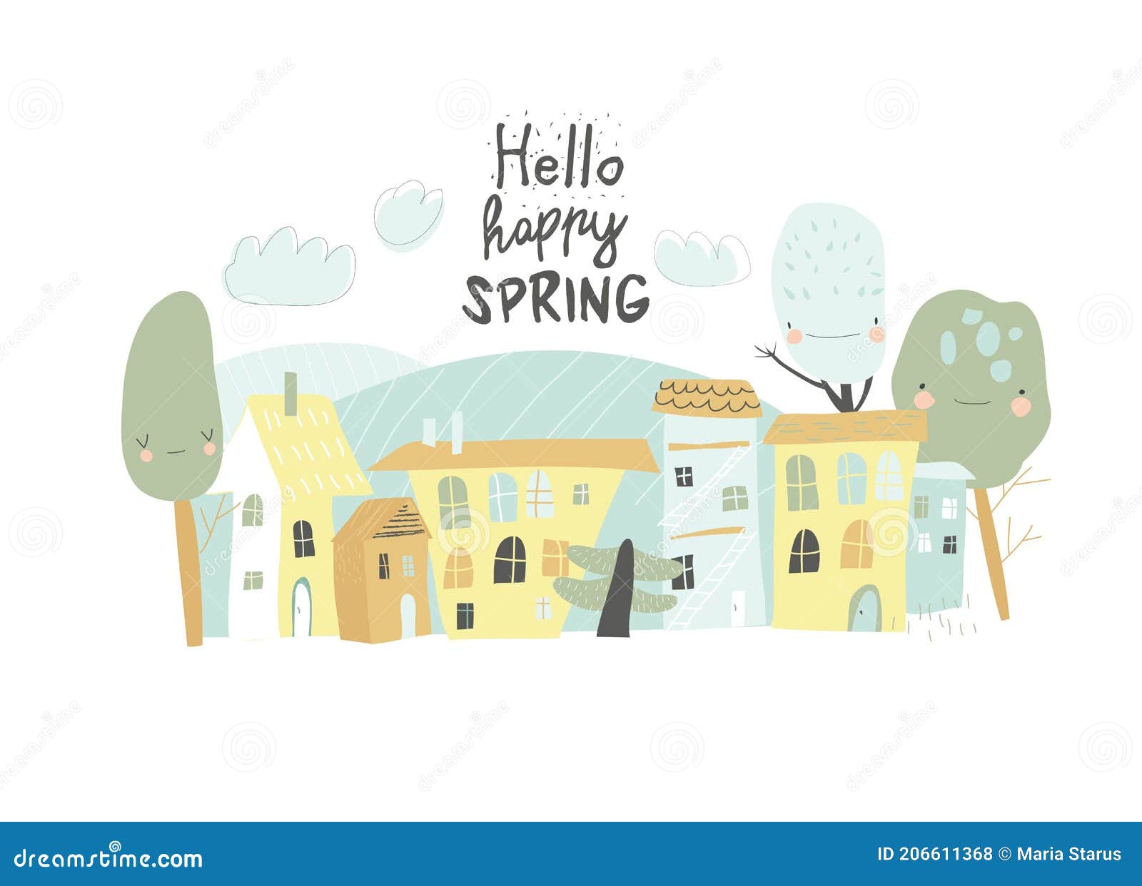 Cute Little Town with Funny Cartoon Trees. Hello Spring Stock Vector ...