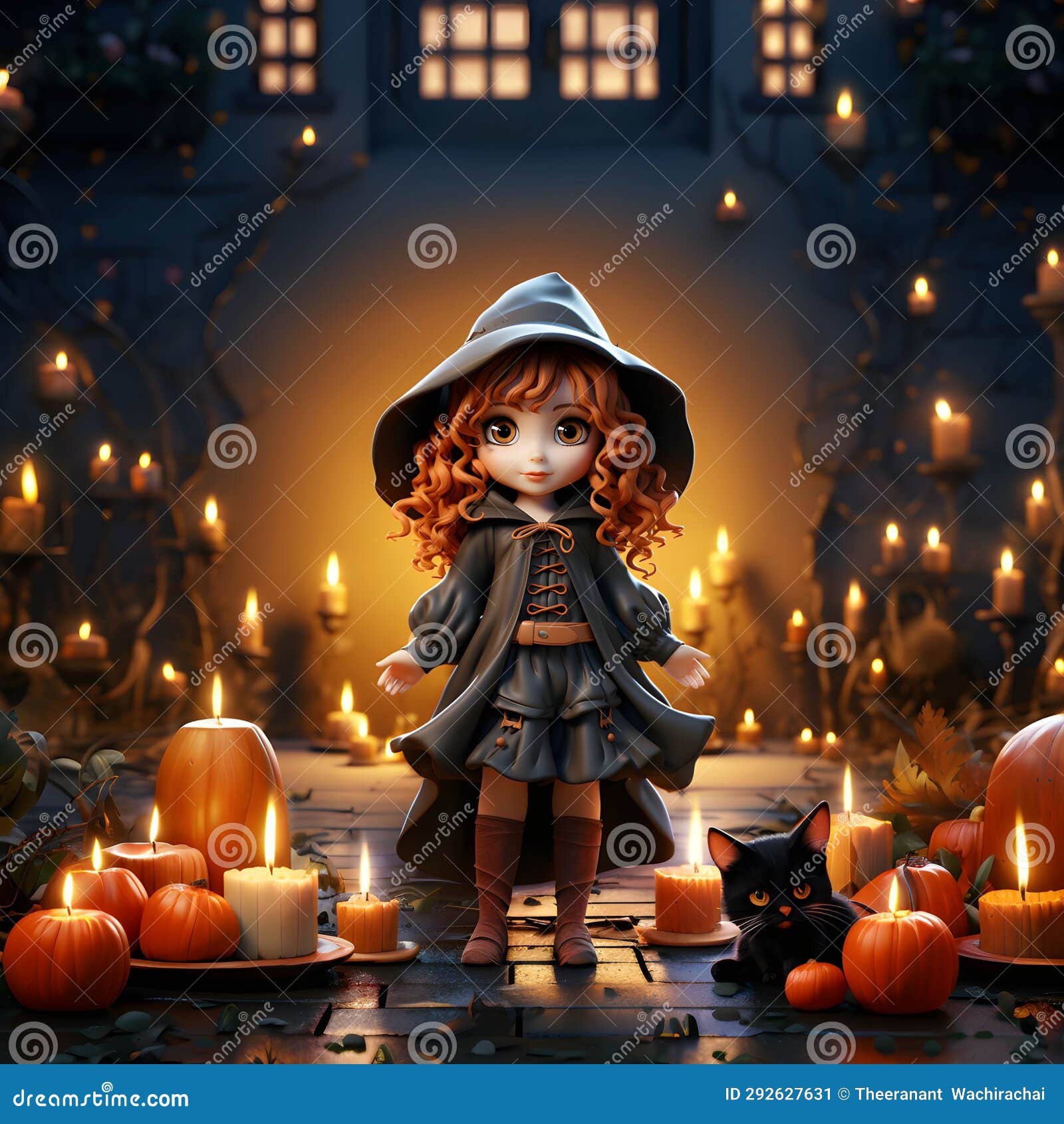Cute Little Witch Standing in the Room - 1 Stock Illustration ...