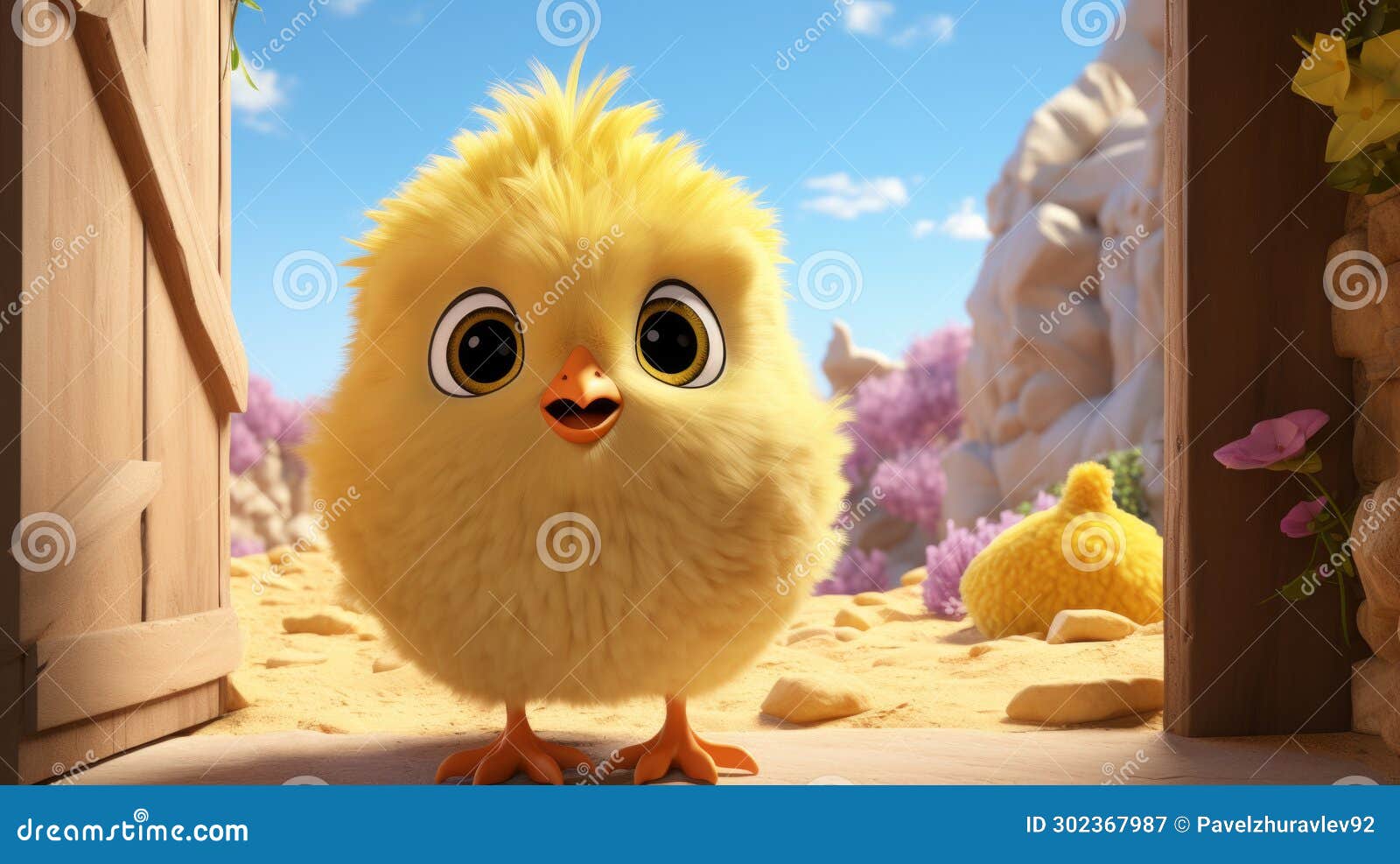 Cute Little Yellow Chicken Standing in Front of the Door - 3D Render ...