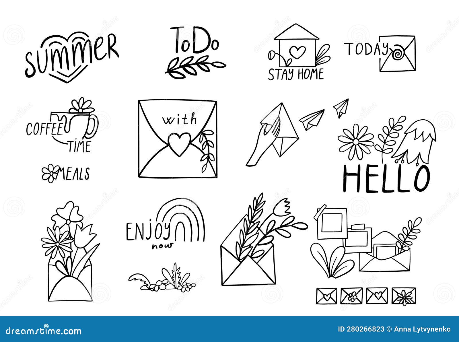 Cute Love Letters Icons Set in Doodle Style Stock Vector - Illustration ...