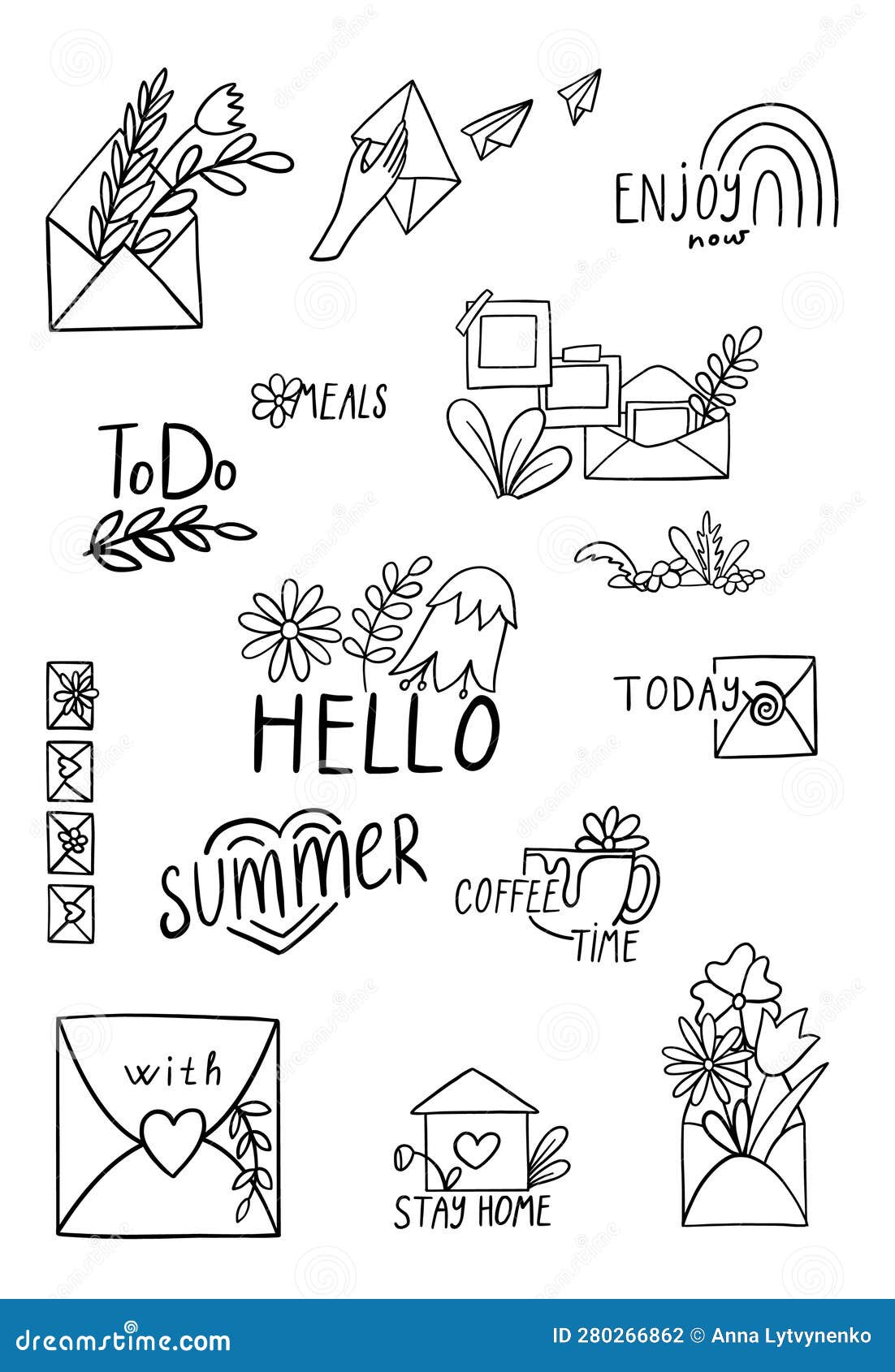 Cute Love Letters Icons Set in Doodle Style Stock Vector - Illustration ...