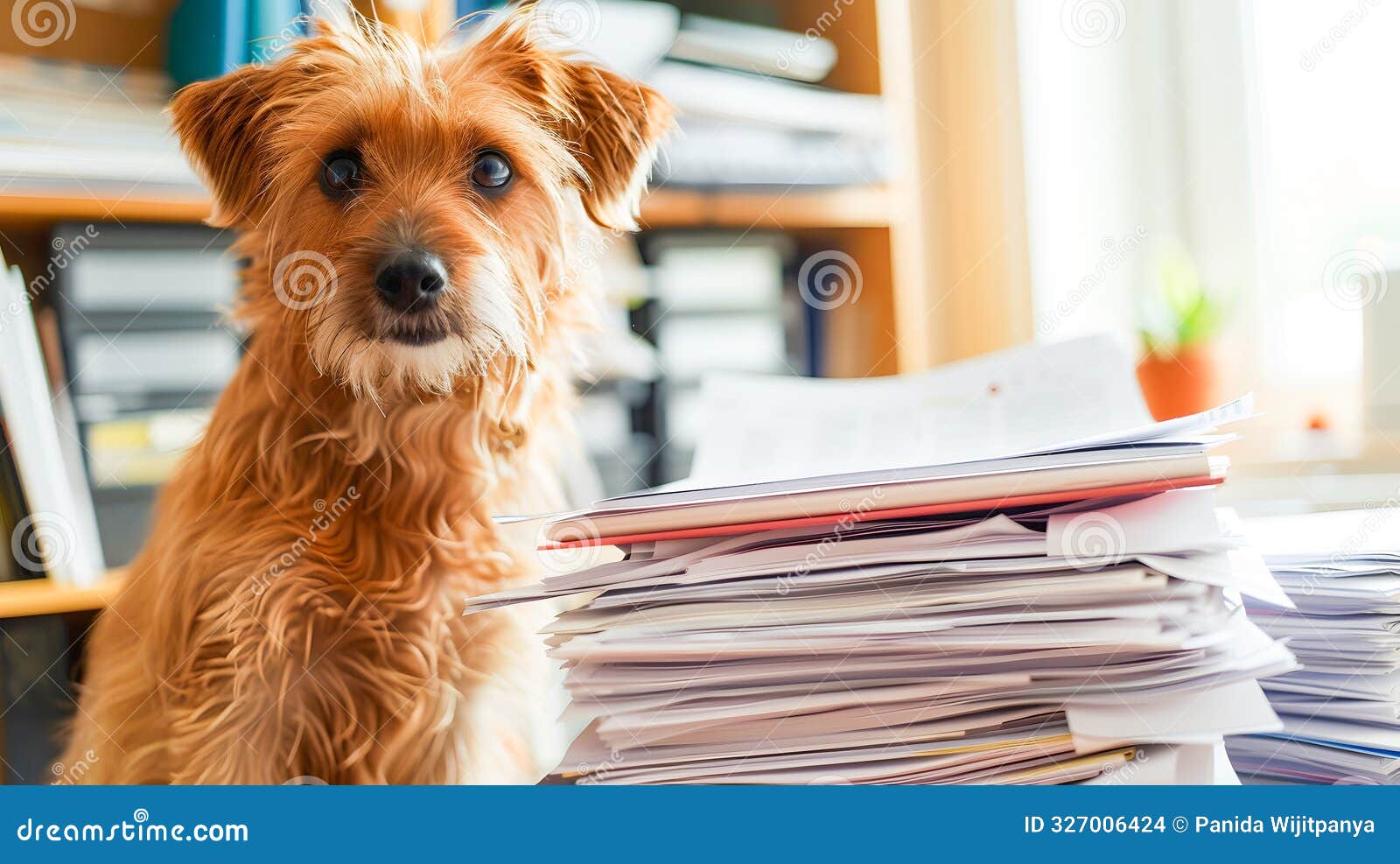 Cute and Loyal Dog Sitting beside Stacks of Professional Documents on a ...