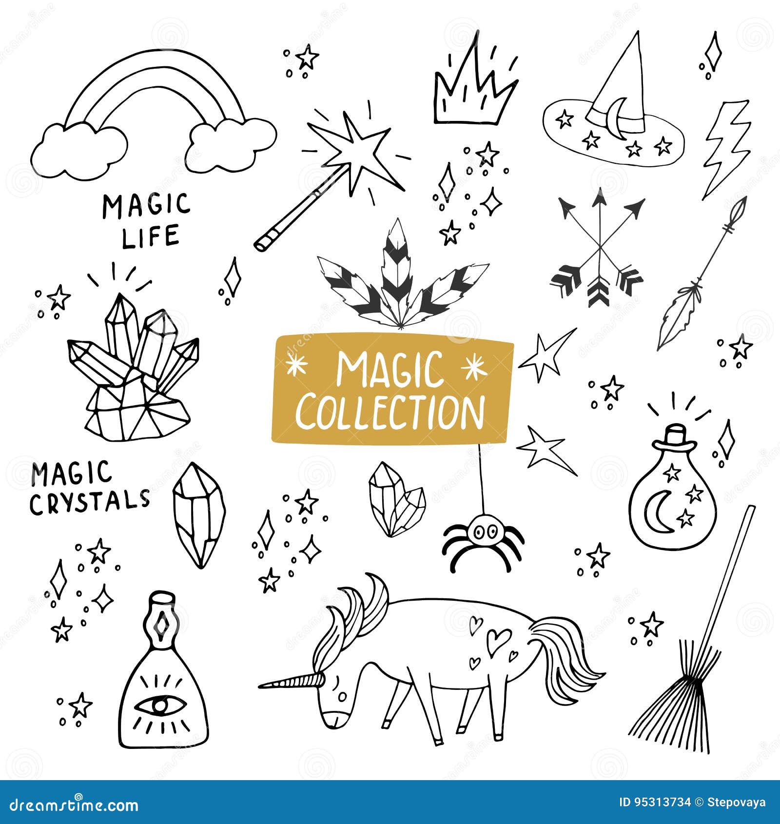 Cute Magic Collection of Handdrawn Elements Isolated on White. Vector ...