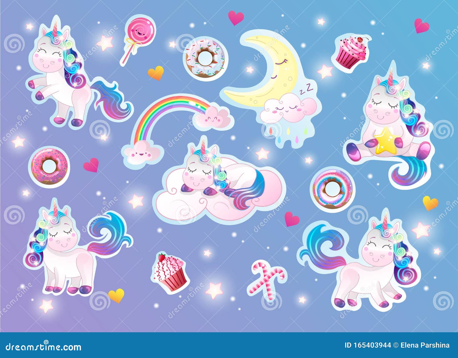 Cute Magical Rainbow Unicorn with Sweets and Clouds Vector Set ...