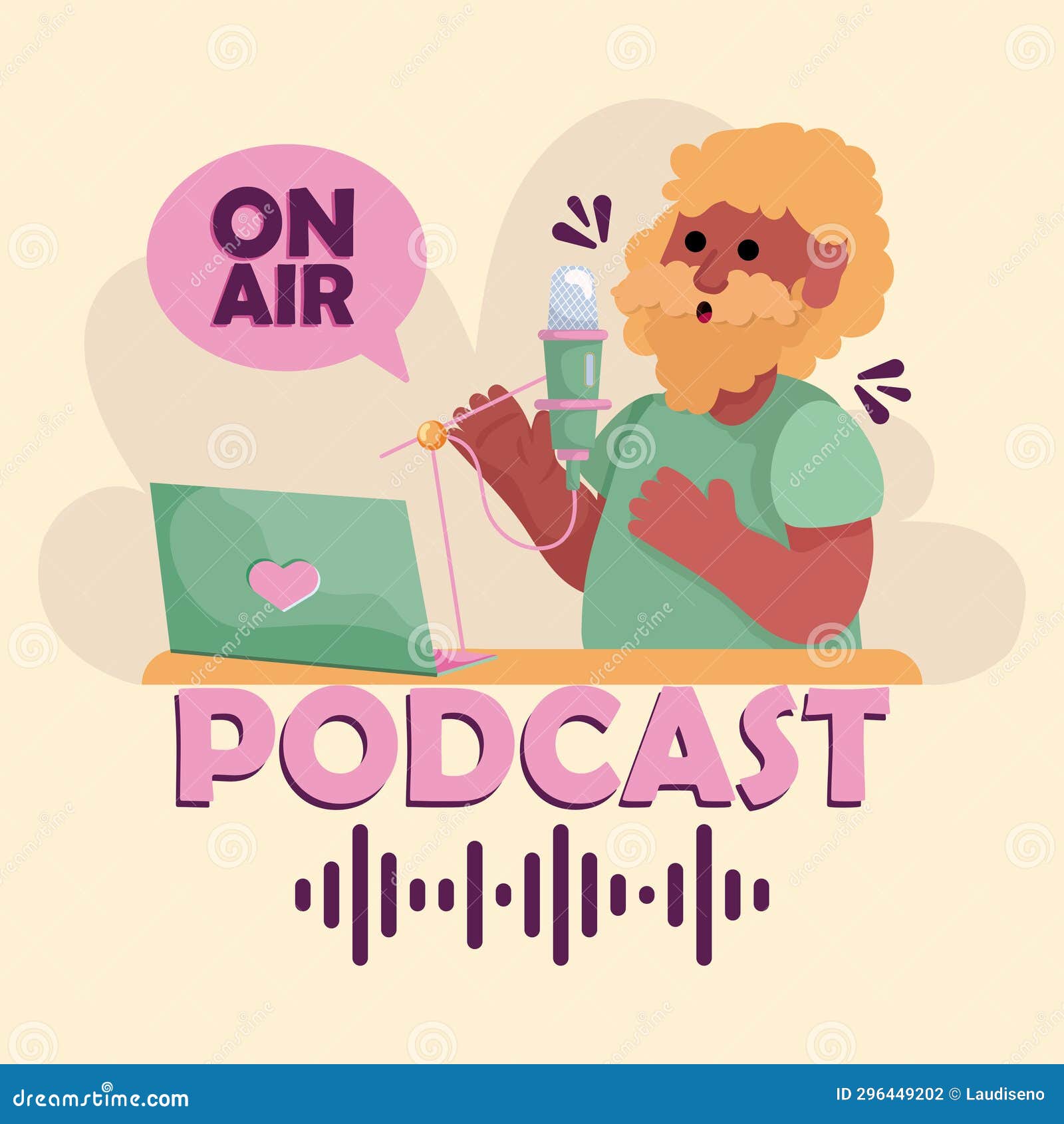 Cute Male Podcaster with Microphone and Laptop Podcast Vector Stock ...