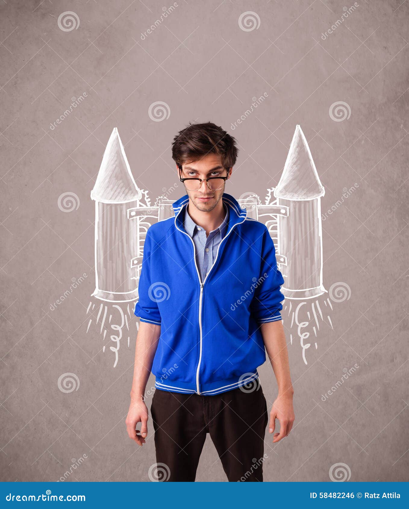 Cute Man with Jet Pack Rocket Drawing Illustration Stock Photo - Image ...