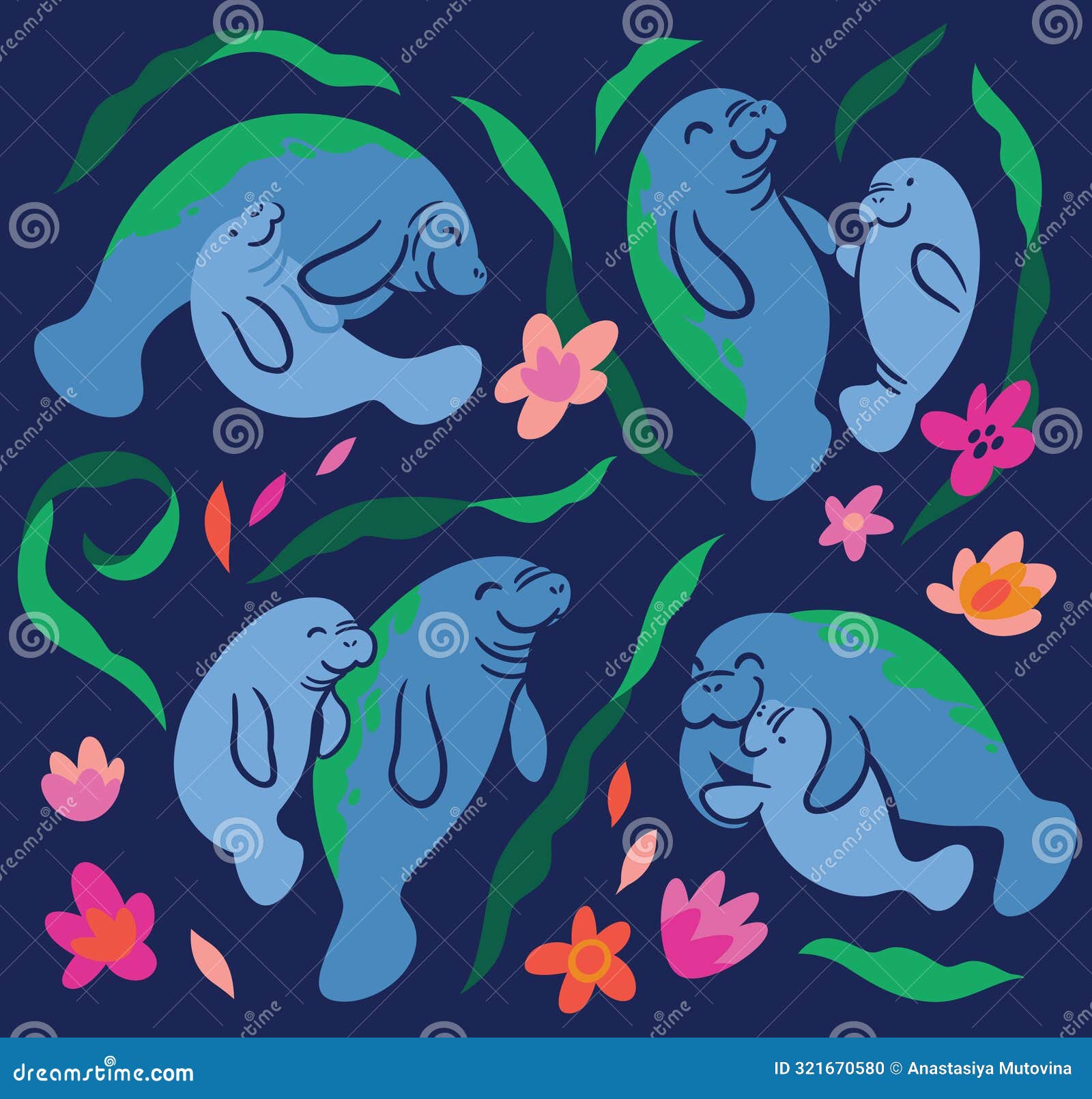 Cute Manatees Mammals With Babies. Vector Pattern Design ...