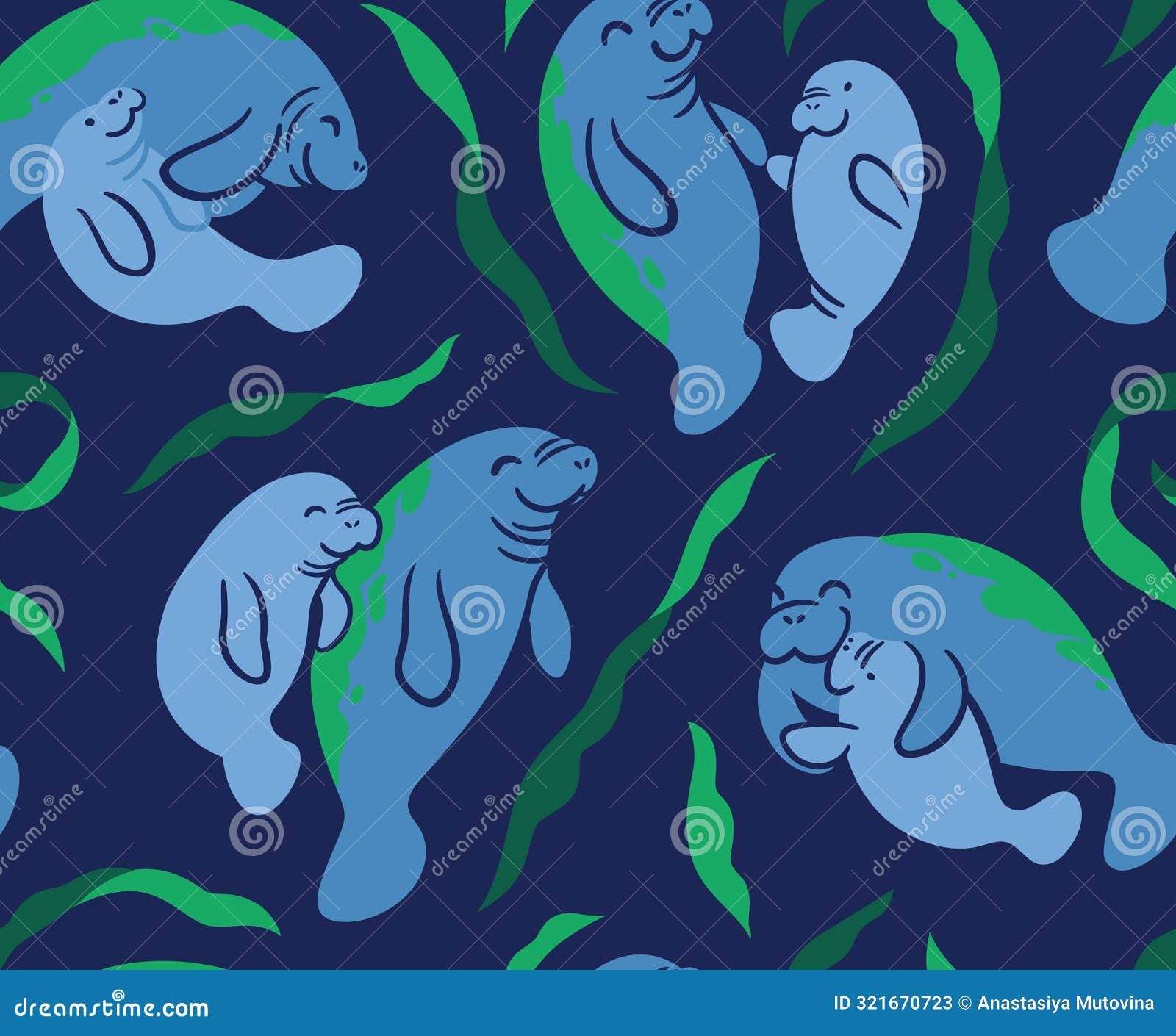 Cute Manatees Mammals With Babies. Vector Pattern Design ...