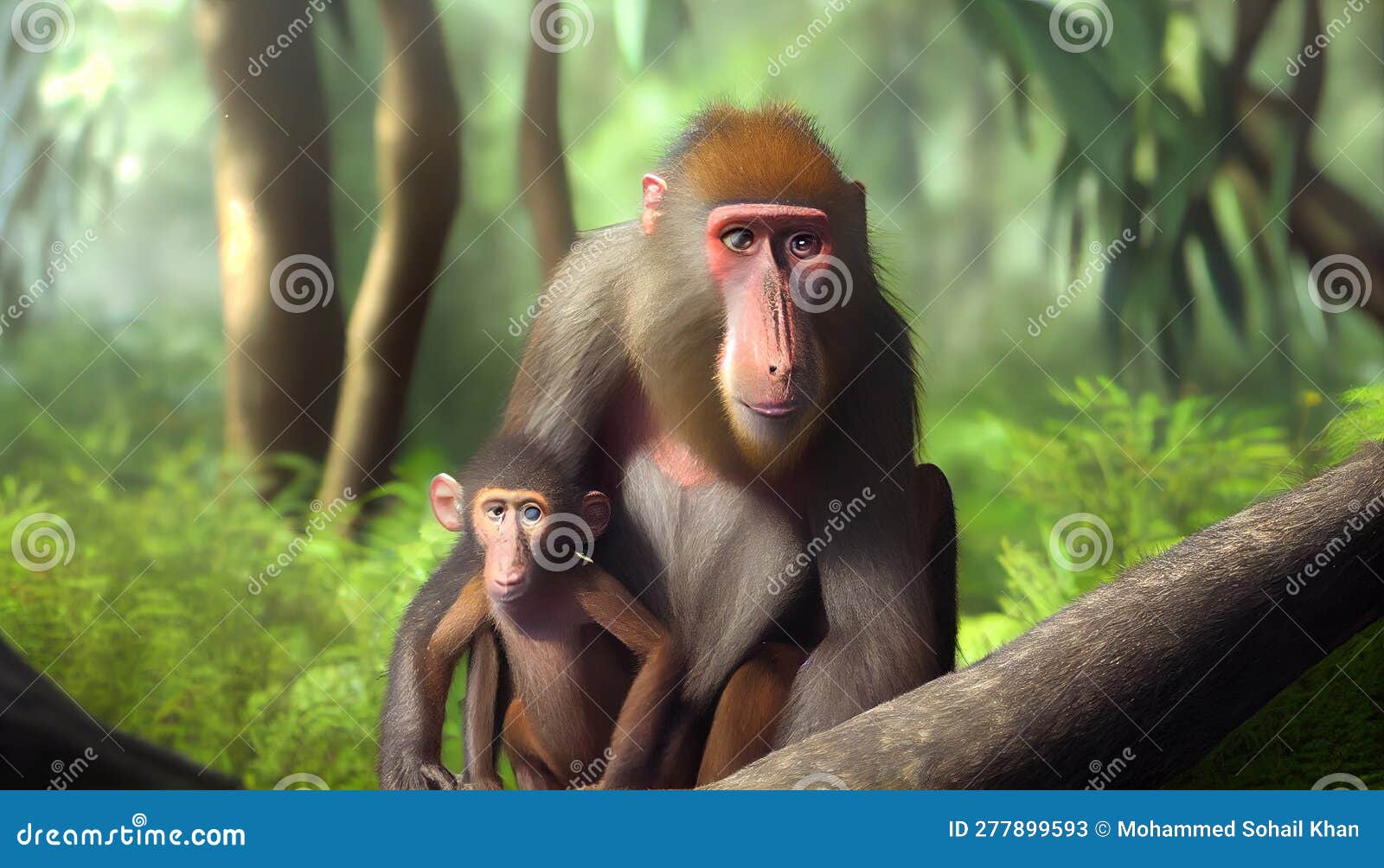 Cute Mandrill Baboon with Her Baby in Natural Environment AI Generative ...
