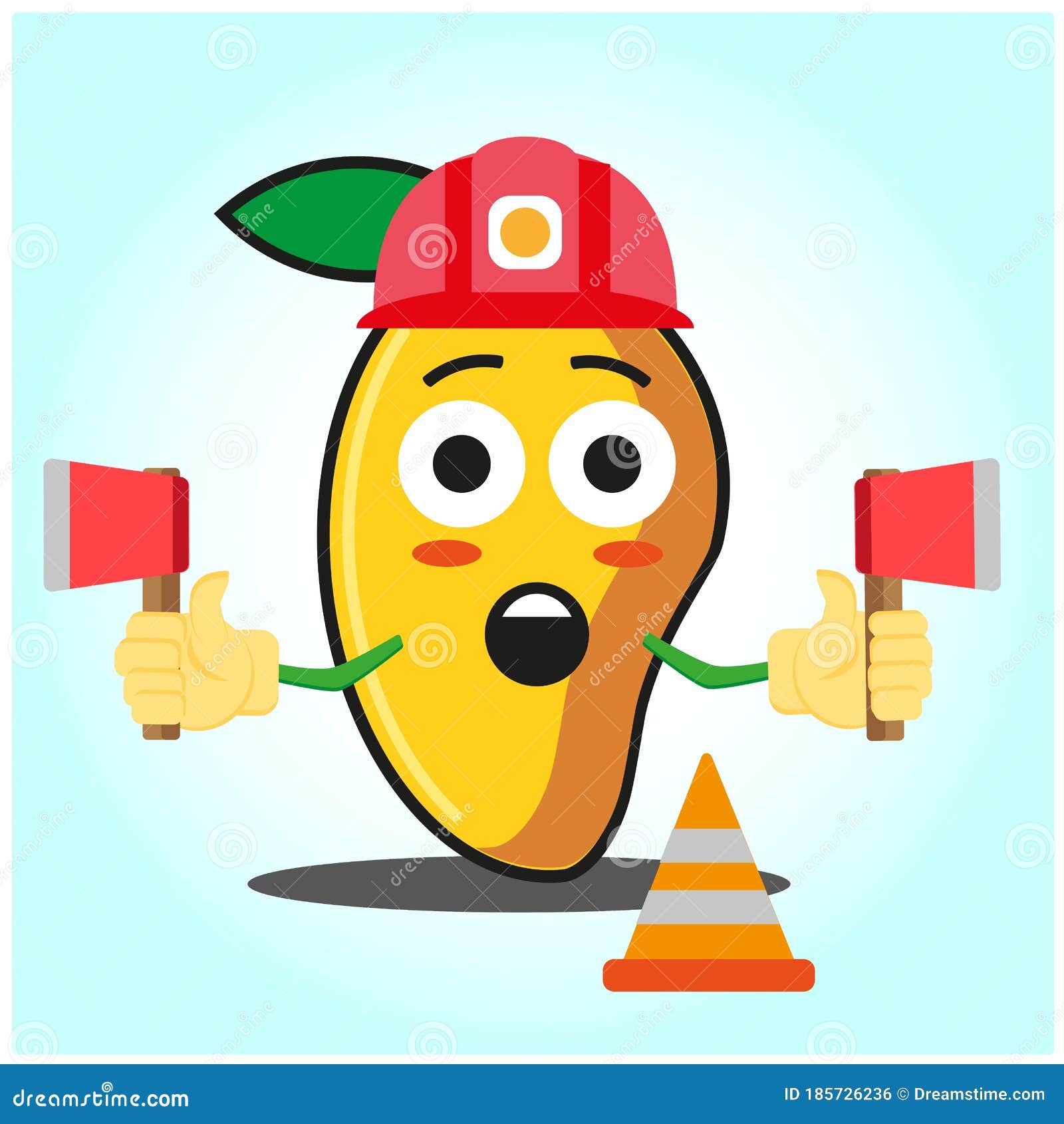 Cute Mango Fire Fighter Cartoon Face Character Holding Axes Design ...