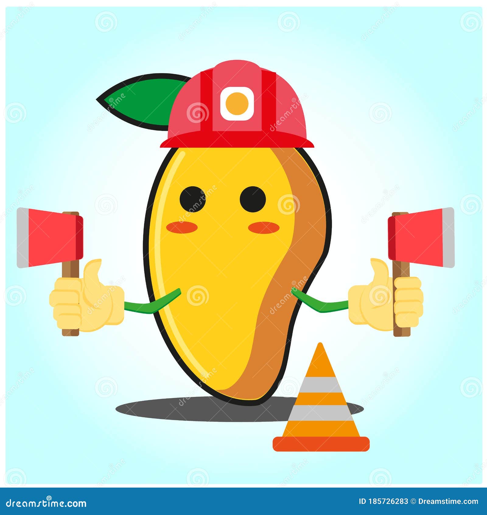Cute Mango Fire Fighter Cartoon Face Character Holding Axes Design ...