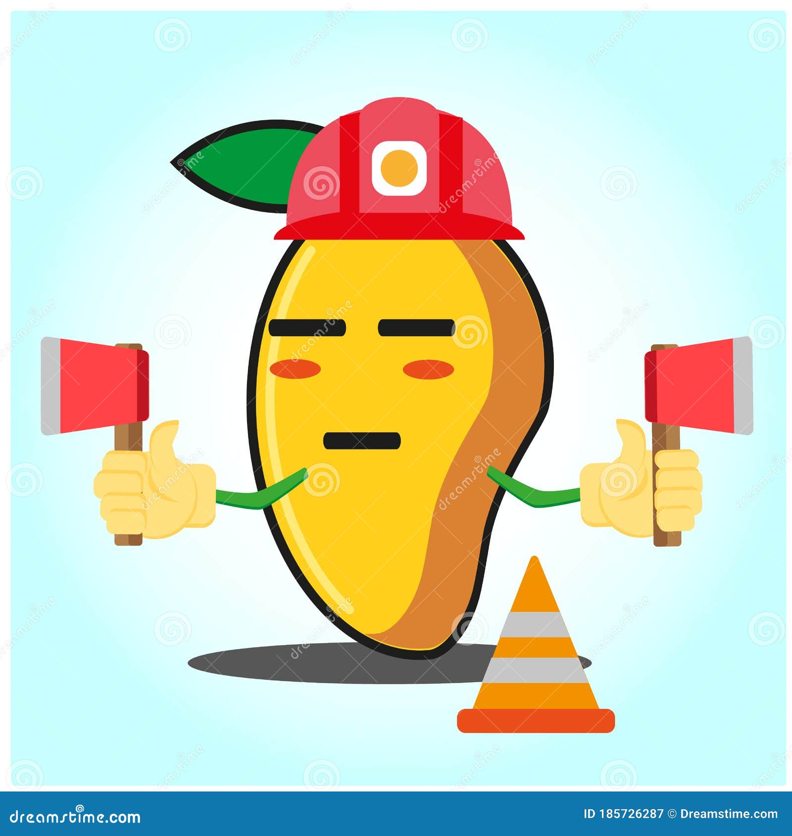 Cute Mango Fire Fighter Cartoon Face Character Holding Axes Design ...