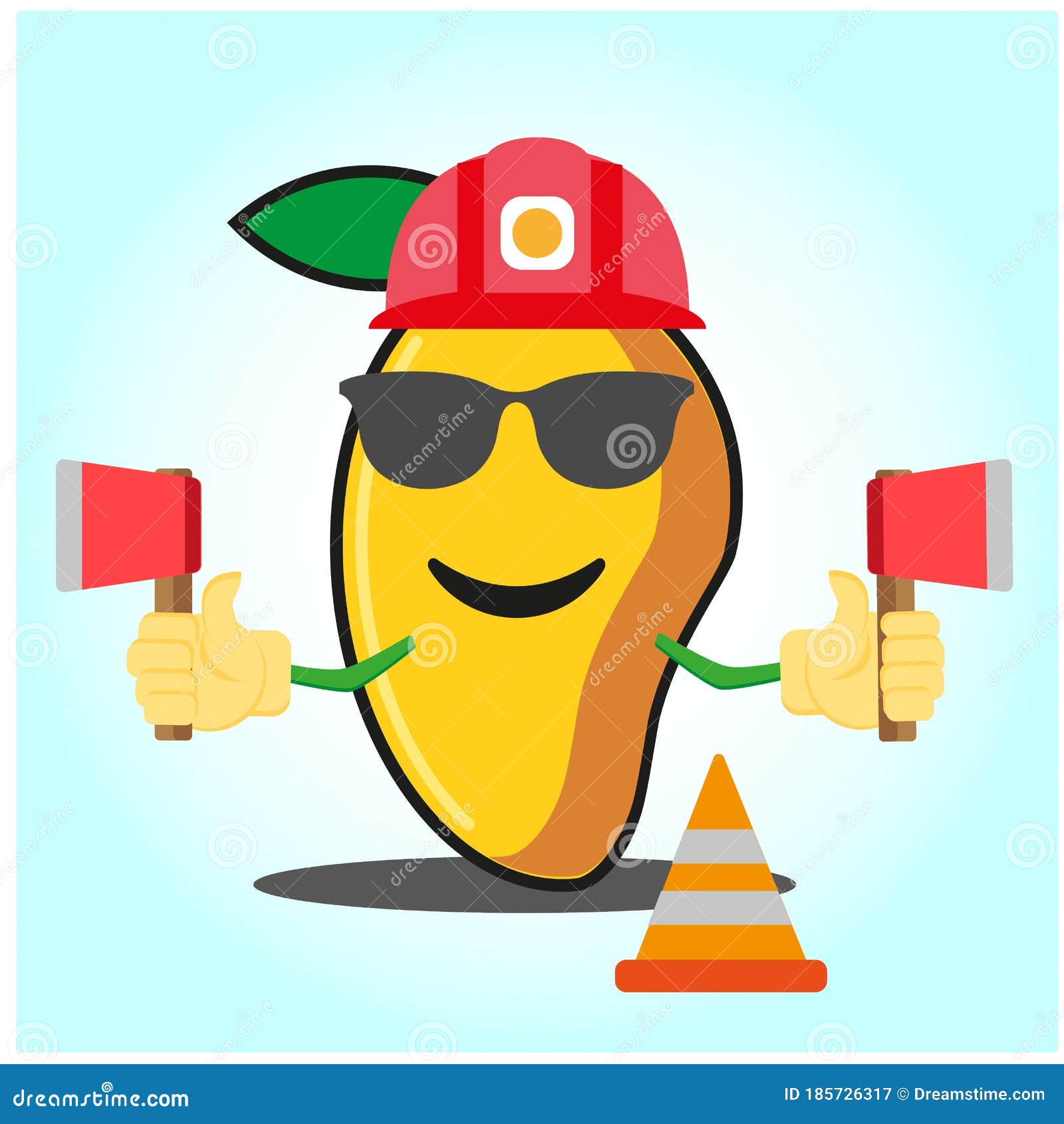 Cute Mango Fire Fighter Cartoon Face Character Holding Axes Design ...