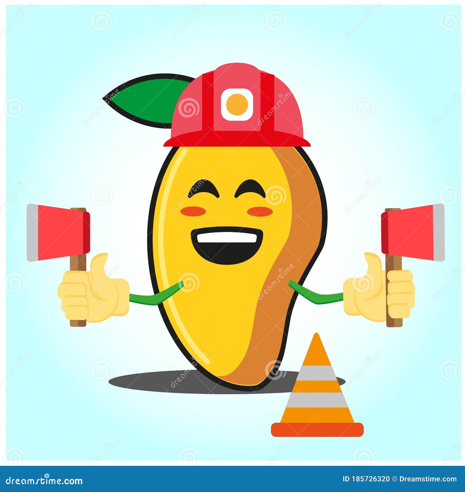 Cute Mango Fire Fighter Cartoon Face Character Holding Axes Design ...