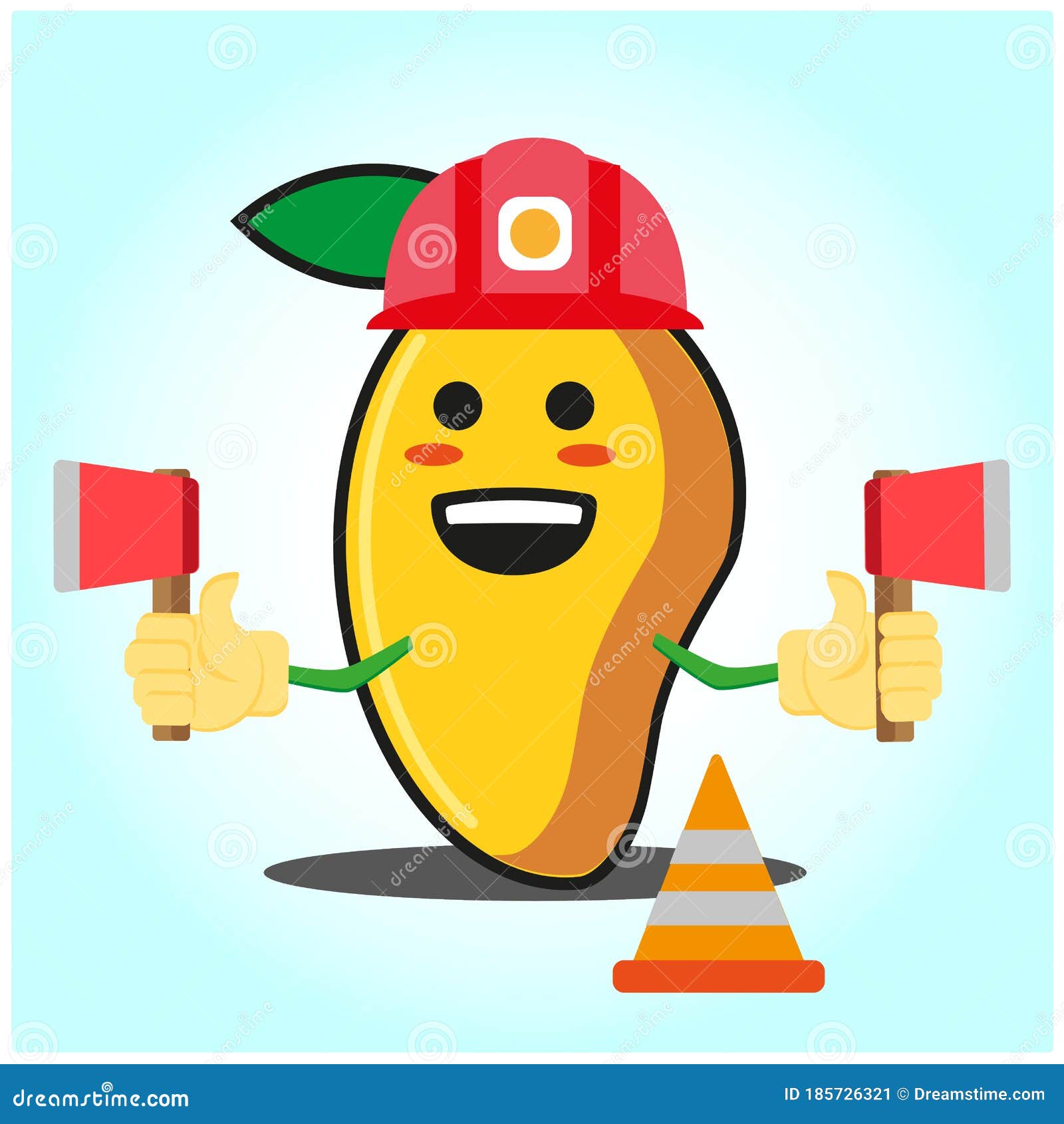 Cute Mango Fire Fighter Cartoon Face Character Holding Axes Design ...