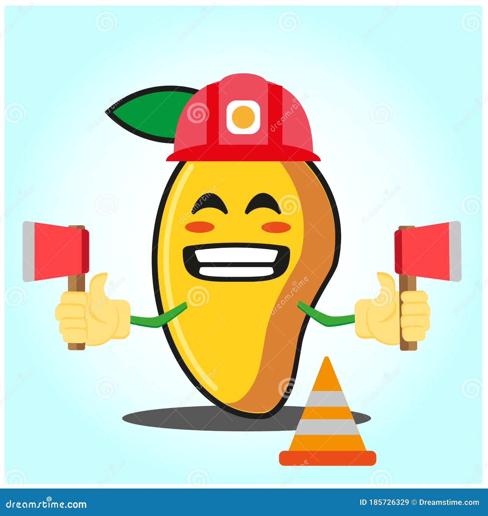 Cute Mango Fire Fighter Cartoon Face Character Holding Axes Design ...