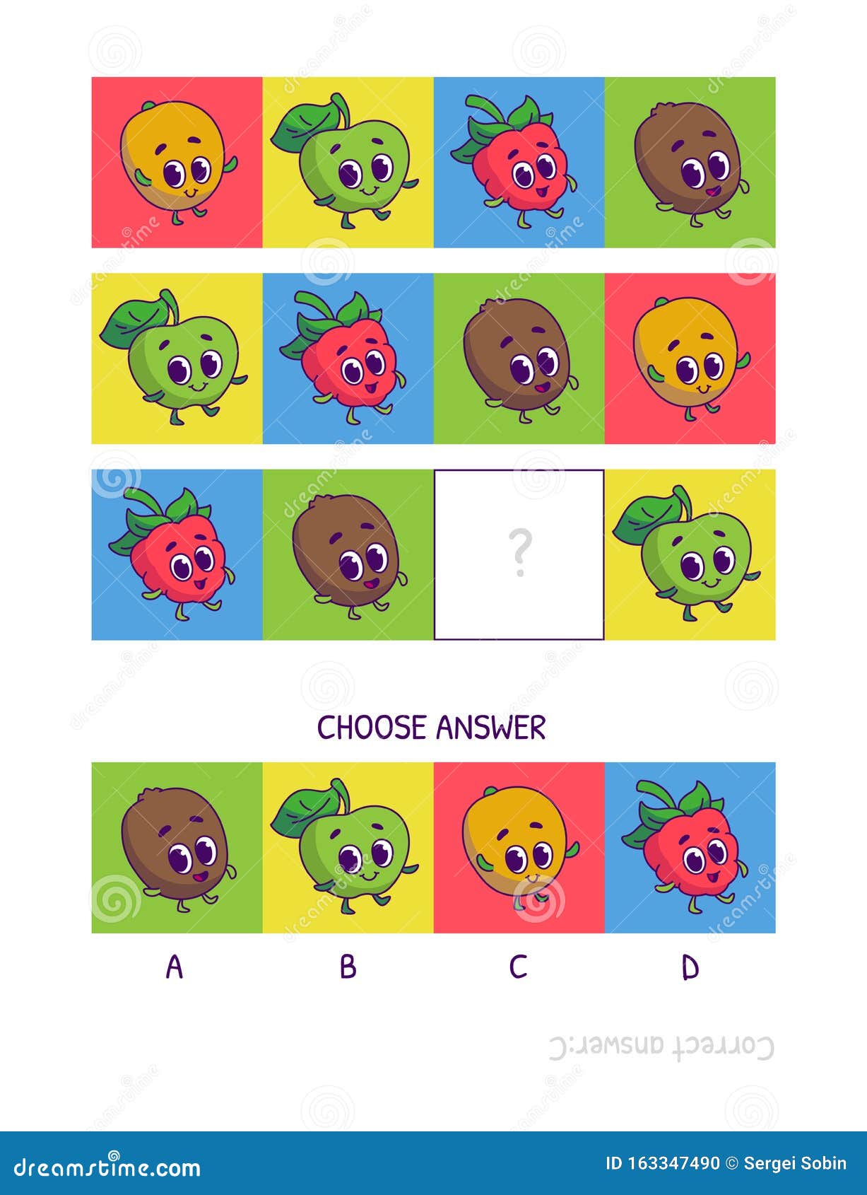 Cute Mango, Green Apple, Raspberry, Kiwi. Logic Game for Children ...