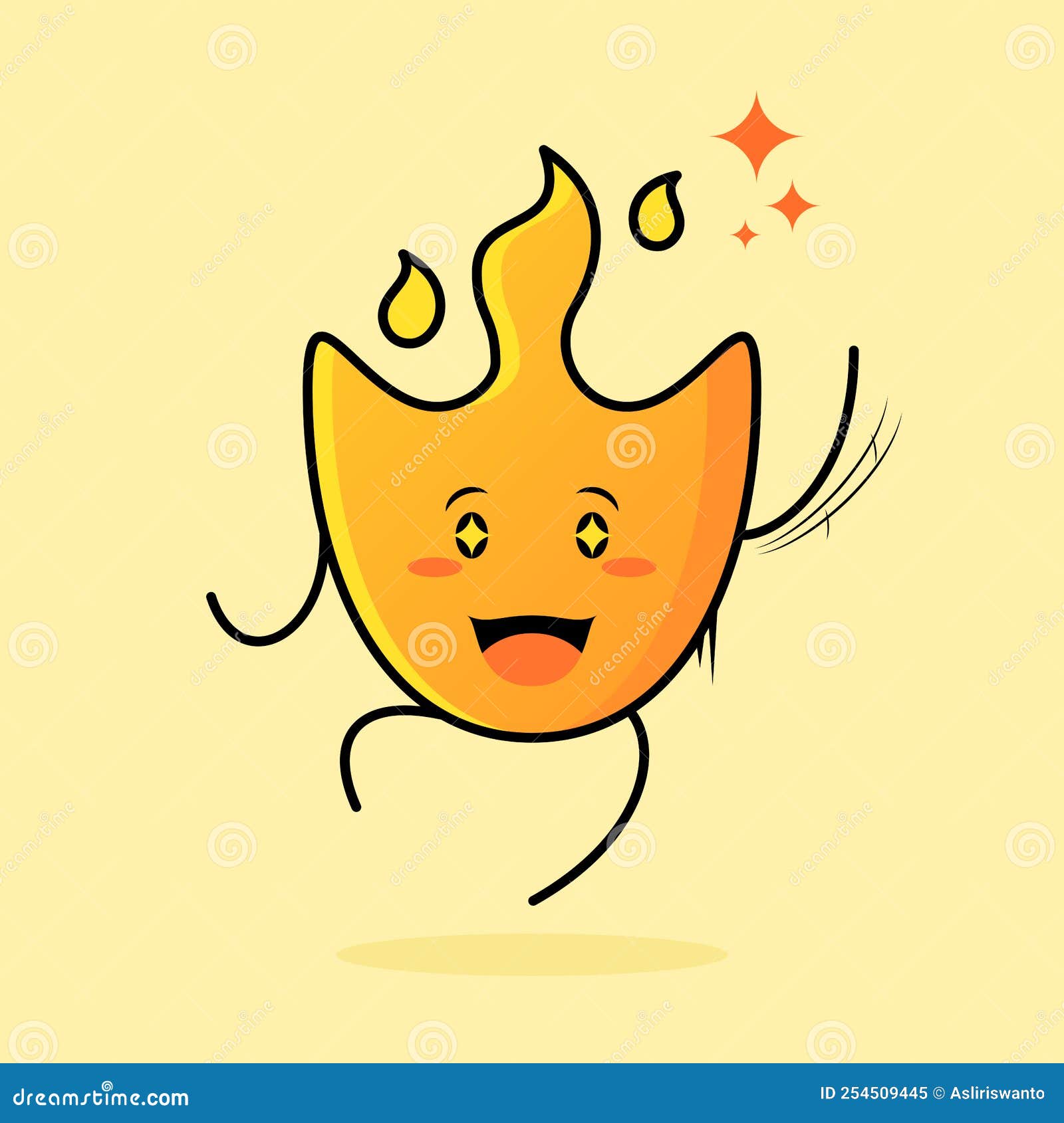 Cute Fire Cartoon with Happy Expression. Jump, One Hand Up, Mouth Open ...