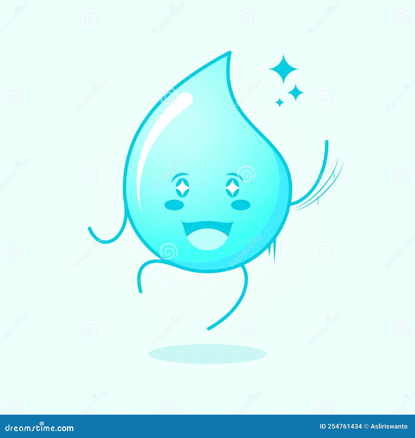 Cute Water Cartoon with Happy Expression. Jump, One Hand Up, Mouth Open ...