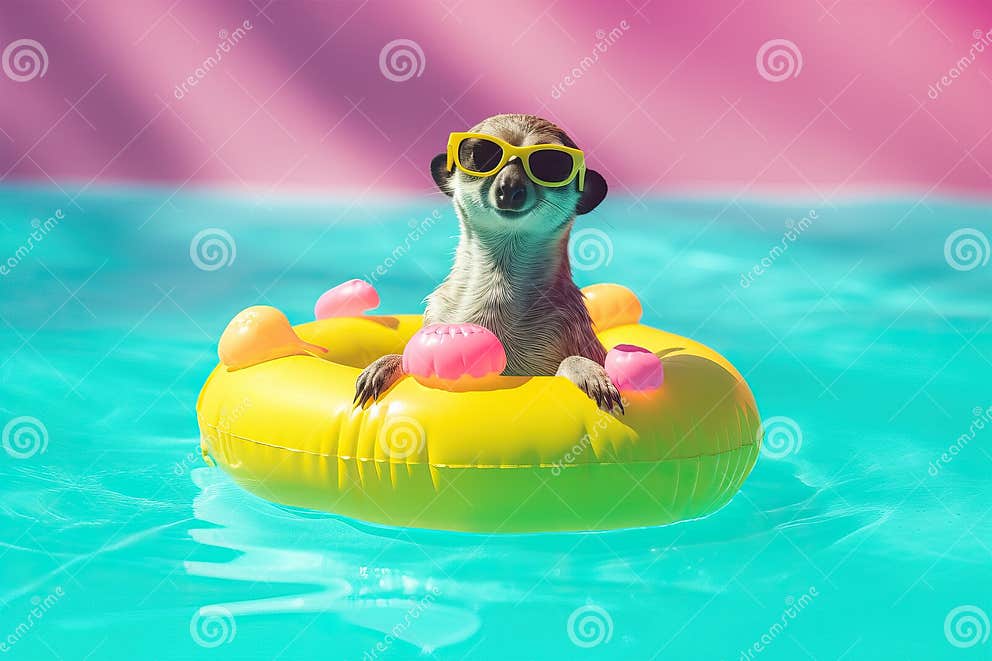 Cute Meerkat Chilling on an Inflatable Pool Float in a Swimming Pool ... Cute Meerkat Chilling on an Inflatable Pool Float in a Swimming Pool ...
