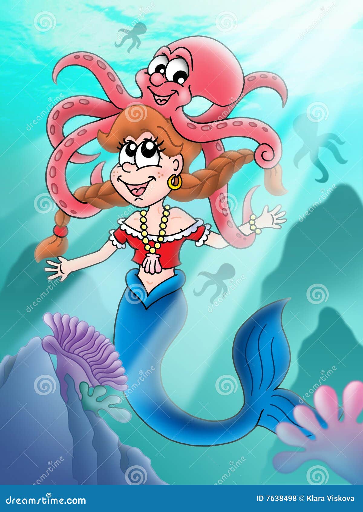 Cute mermaid with octopus stock illustration. Illustration of friendly ...