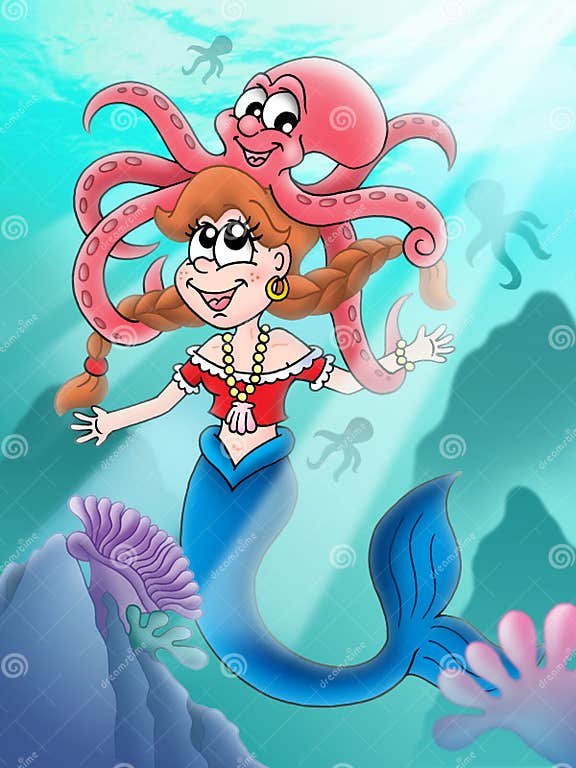 Cute mermaid with octopus stock illustration. Illustration of friendly ...