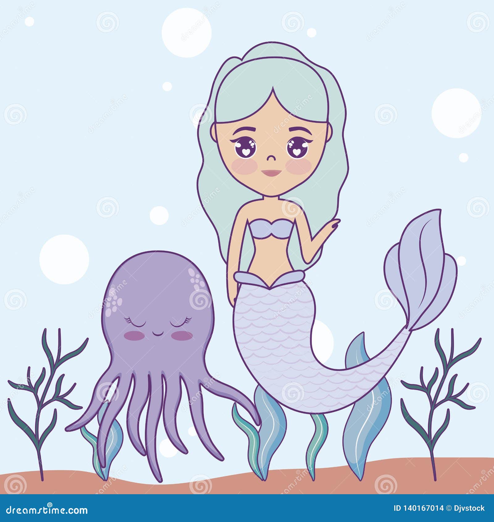 Cute Mermaid with Octopus in the Sea Stock Vector - Illustration of ...