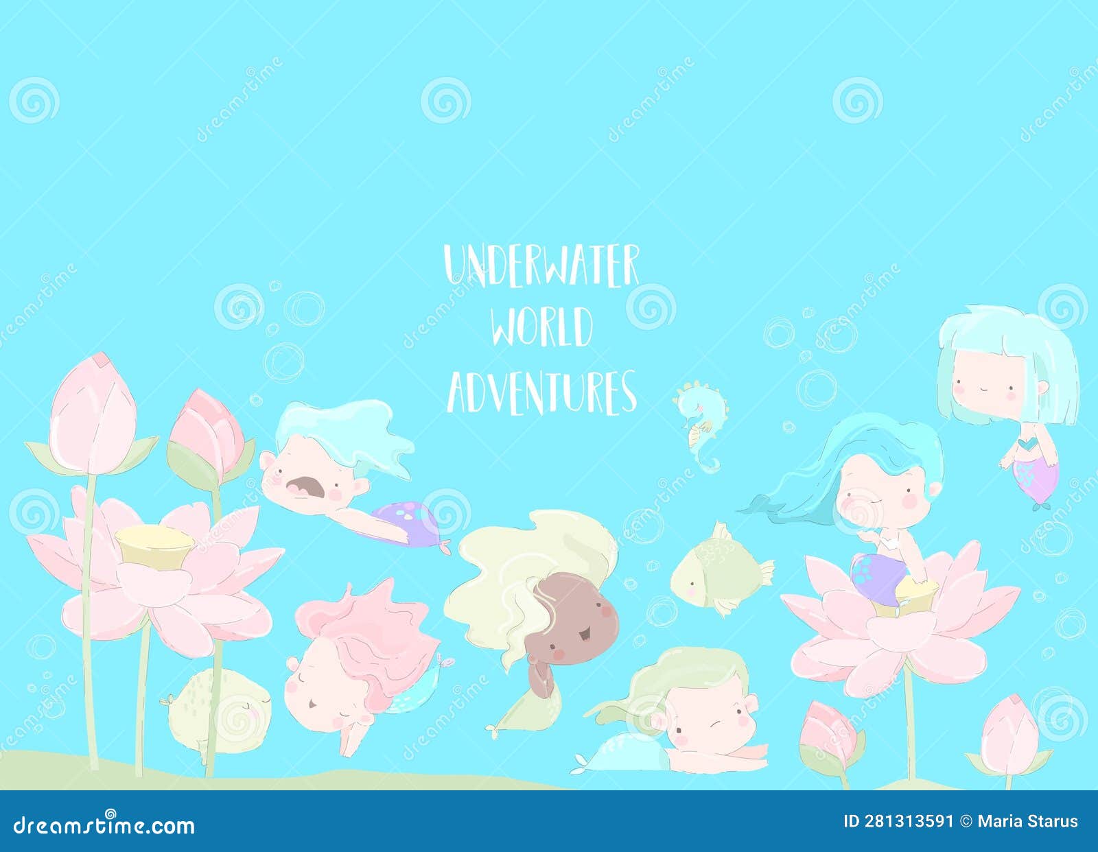 Cute Mermaids and Funny Fish on Blue Background Stock Vector ...