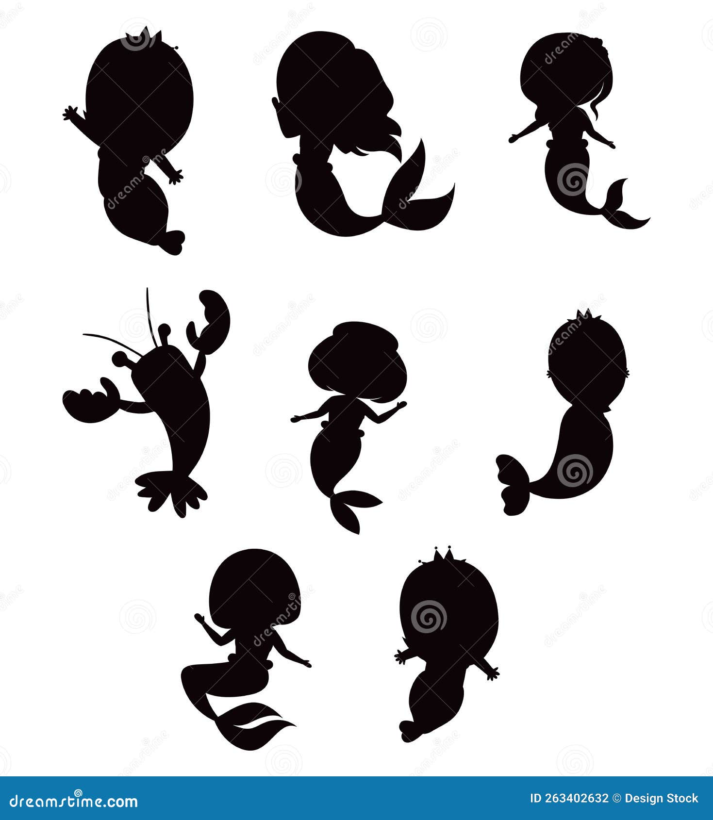 Cute Mermaids Isolated Silhouettes Vector Stock Illustration ...