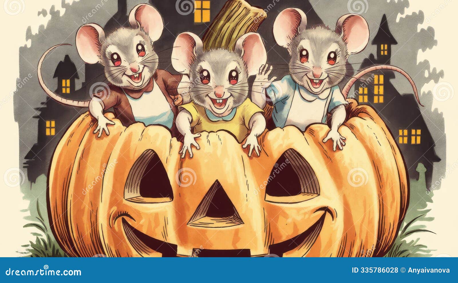 Cute Mice in Pumpkin Halloween Image with Spooky Background Stock ...