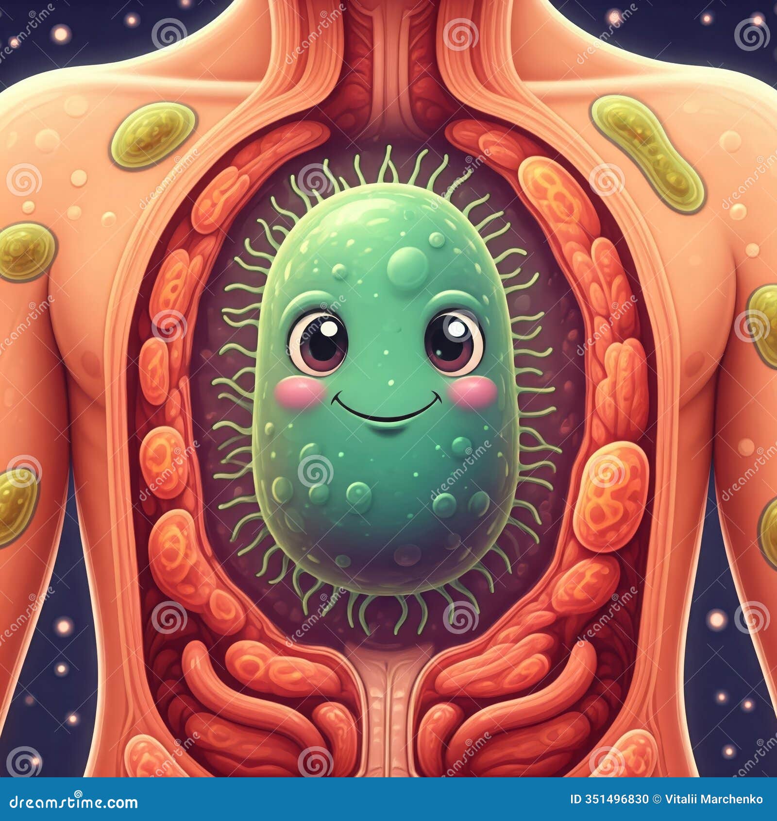 Cute Microbe Character in Human Digestive System with Cartoon Anatomy ...