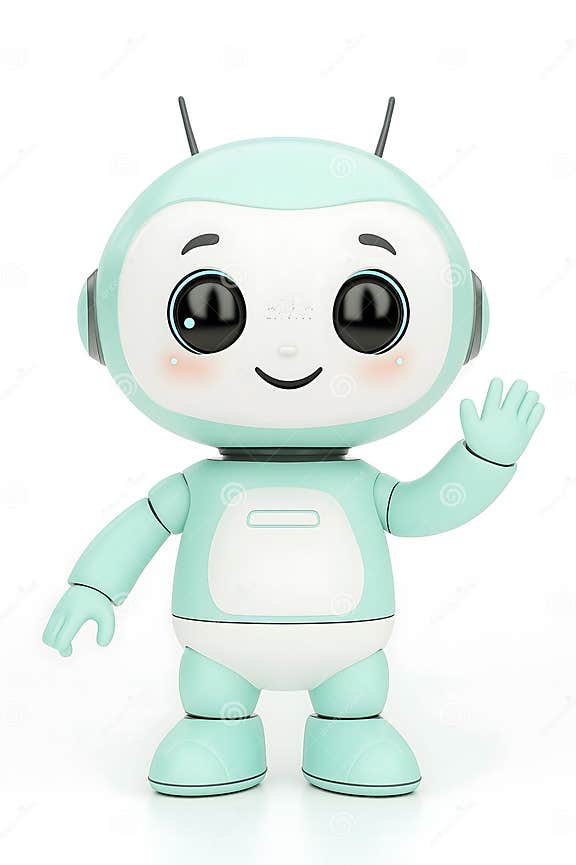 Cute Mint-green Robot with Cheerful Expression and Waving Gesture ...