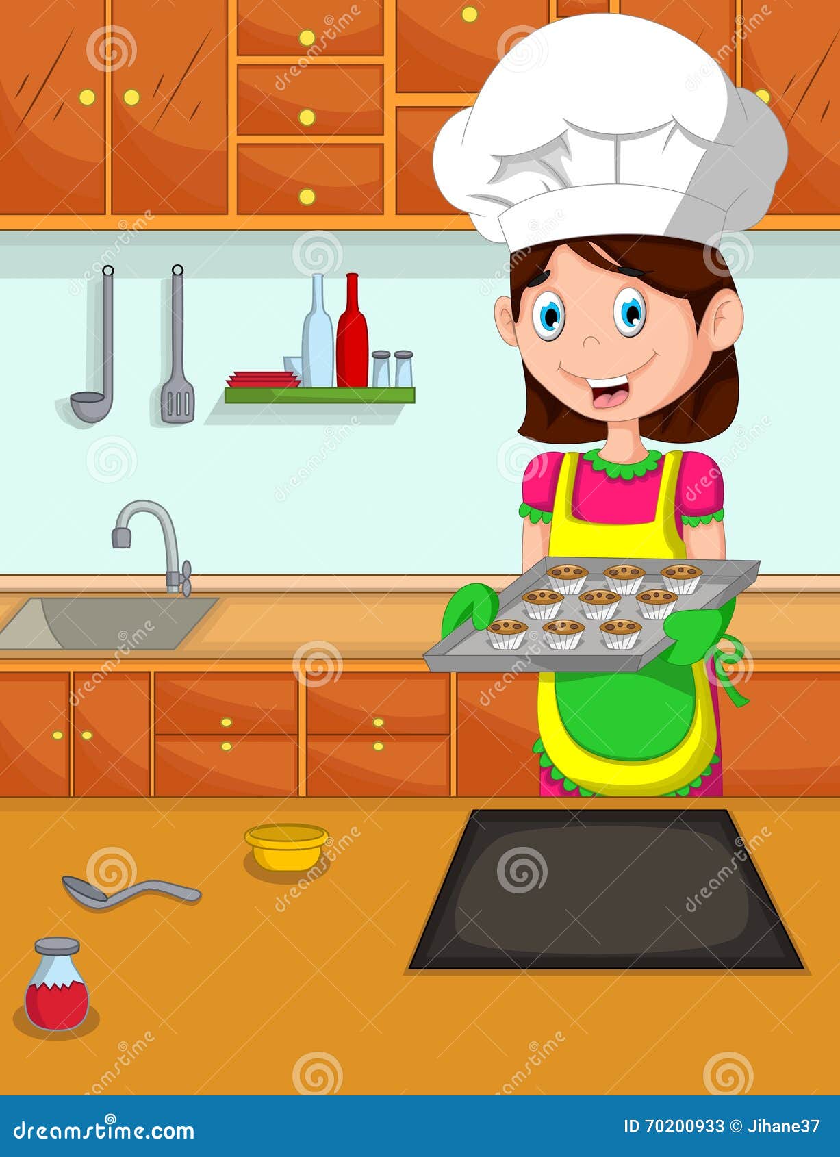 Cute Mom Cartoon Cook in the Kitchen Stock Illustration - Illustration ...