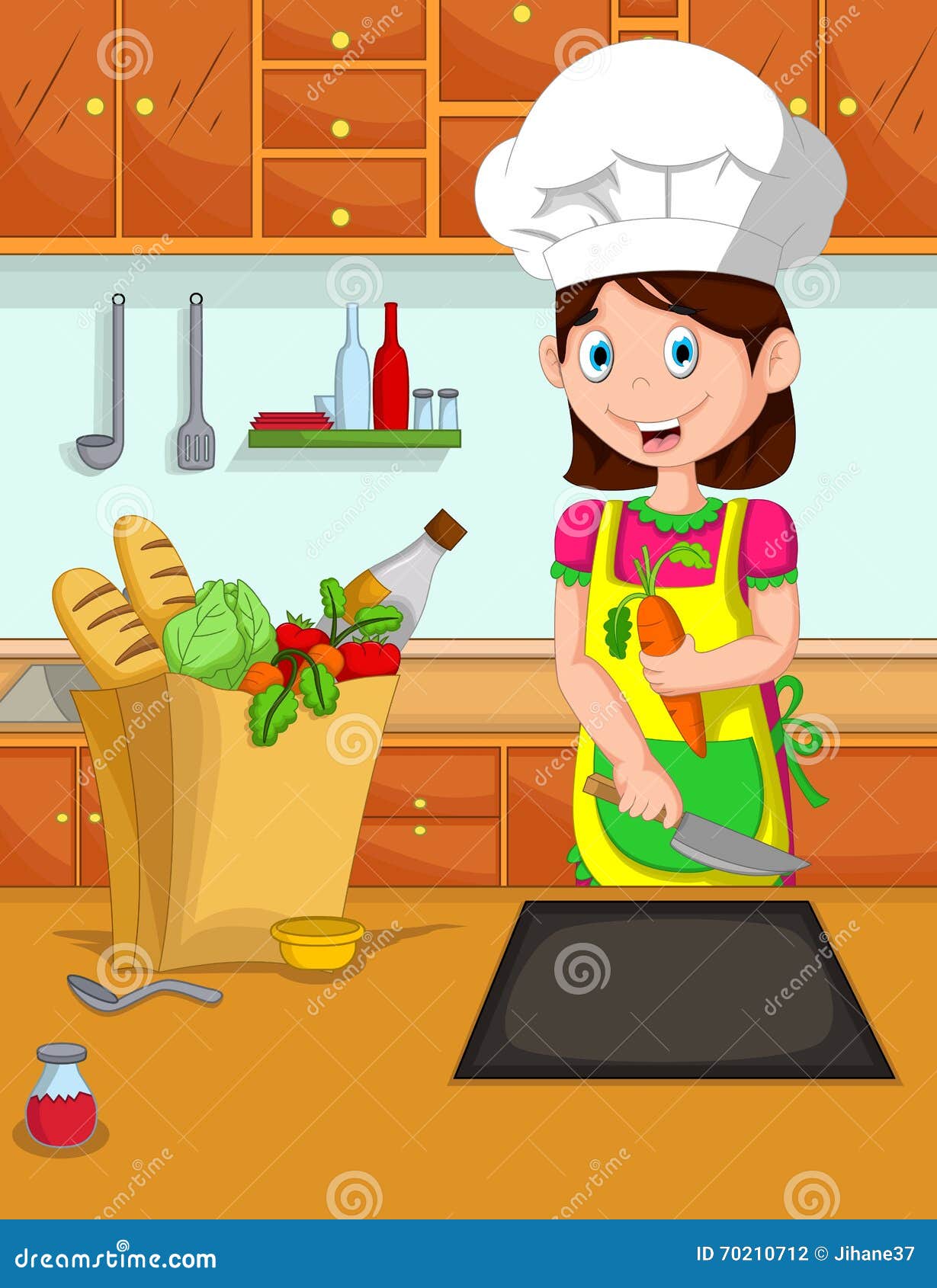 Cute Mom Cartoon Cook in the Kitchen Stock Illustration - Illustration ...