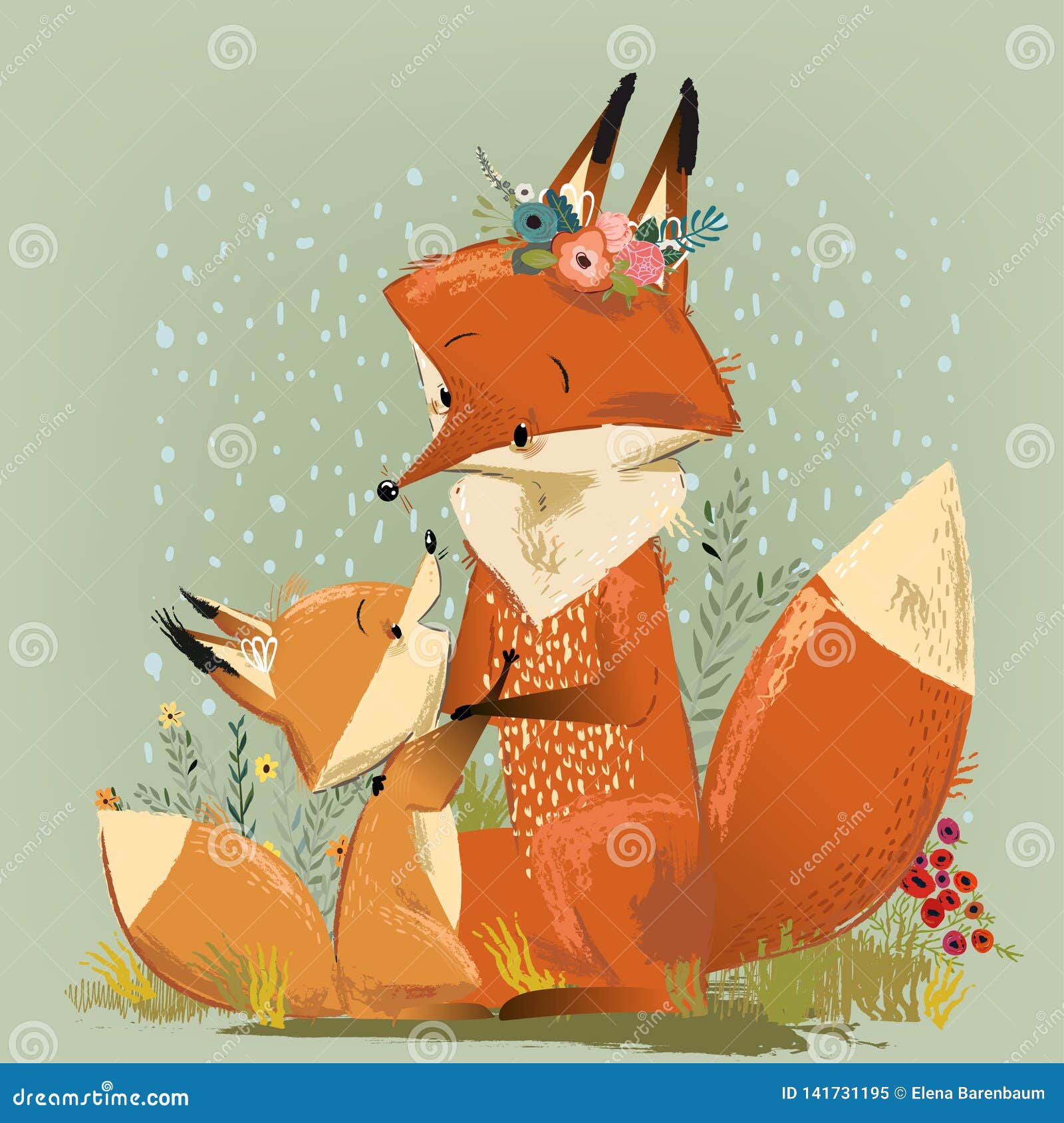 Cute Mom Fox with Her Kid. Vector Illustration Stock Vector ...