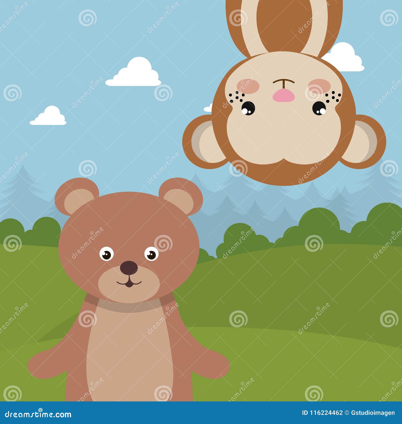 Cute Monkey and Bear in the Field Landscape Characters Stock Vector ...