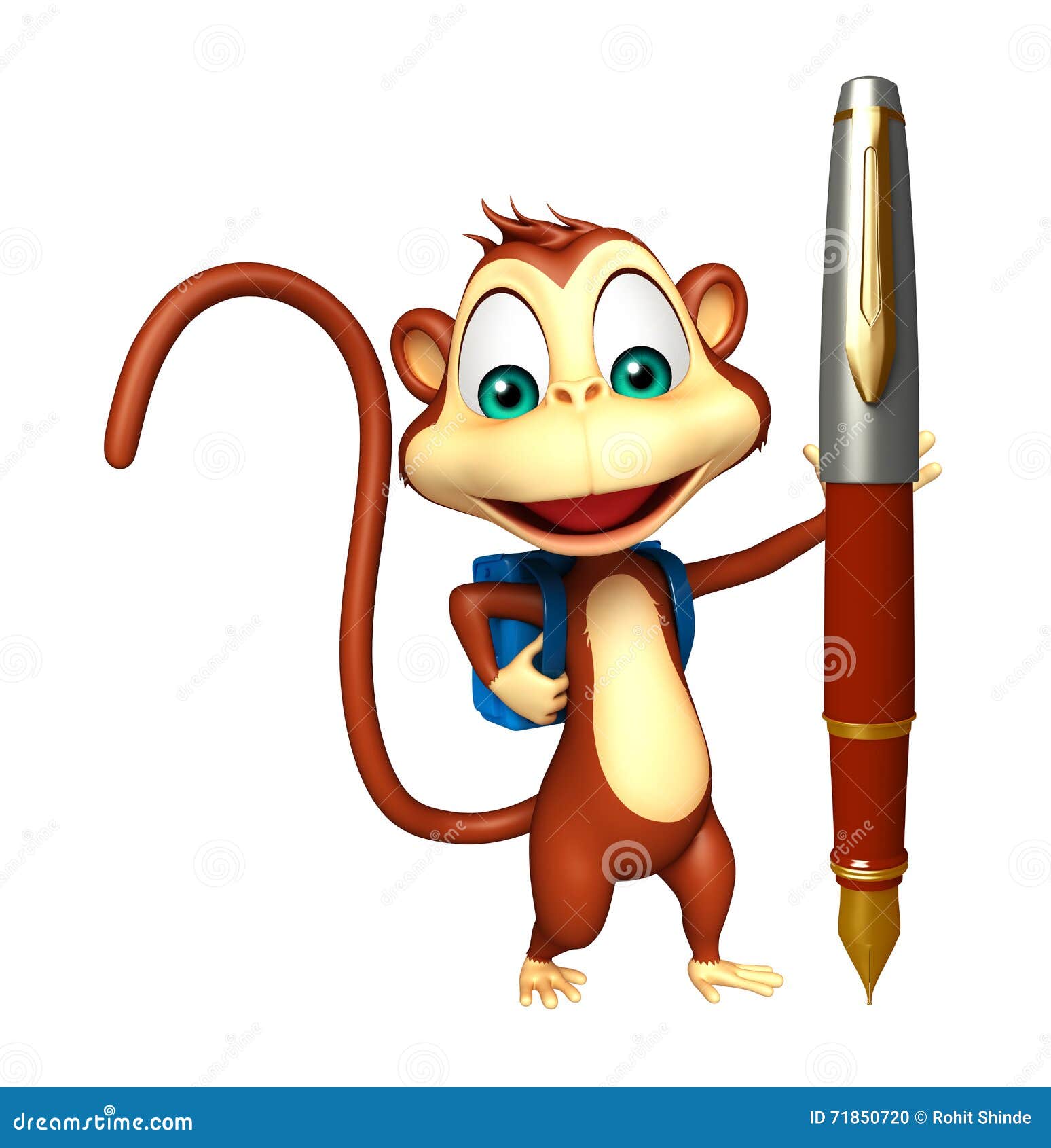 Cute Monkey Cartoon Character with School Bag and Pen Stock ...