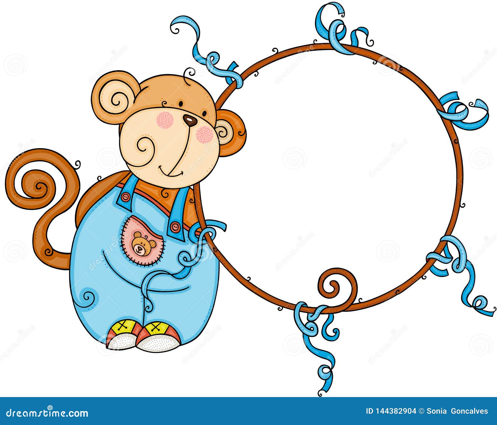 Cute Monkey with Decorative Round Frame Stock Vector - Illustration of ...