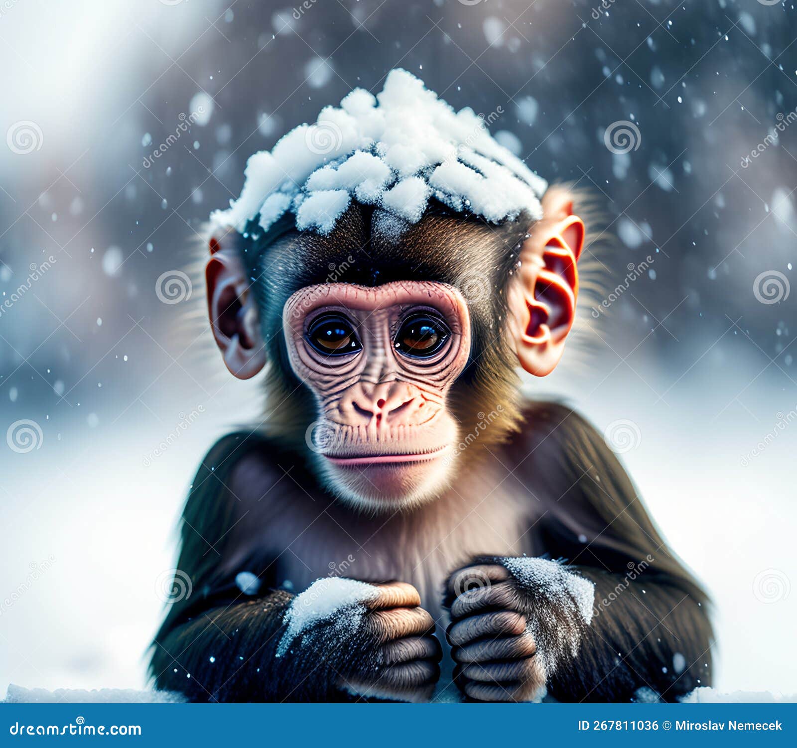 Cute Monkey Freezing Outdoors on Cold Winter Day, Generative AI ...
