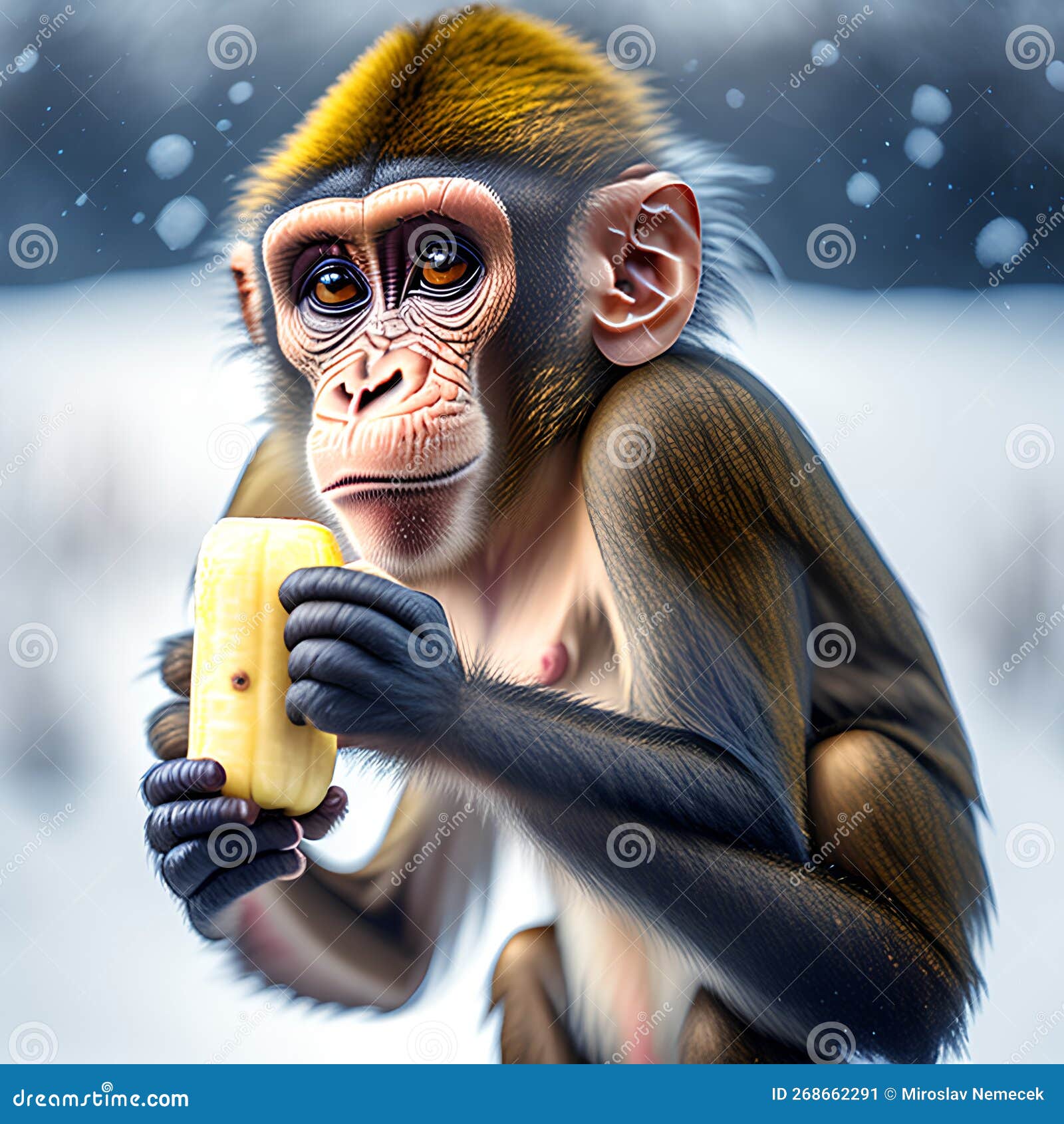 Cute Monkey Freezing Outdoors on Cold Winter Day, Generative AI ...