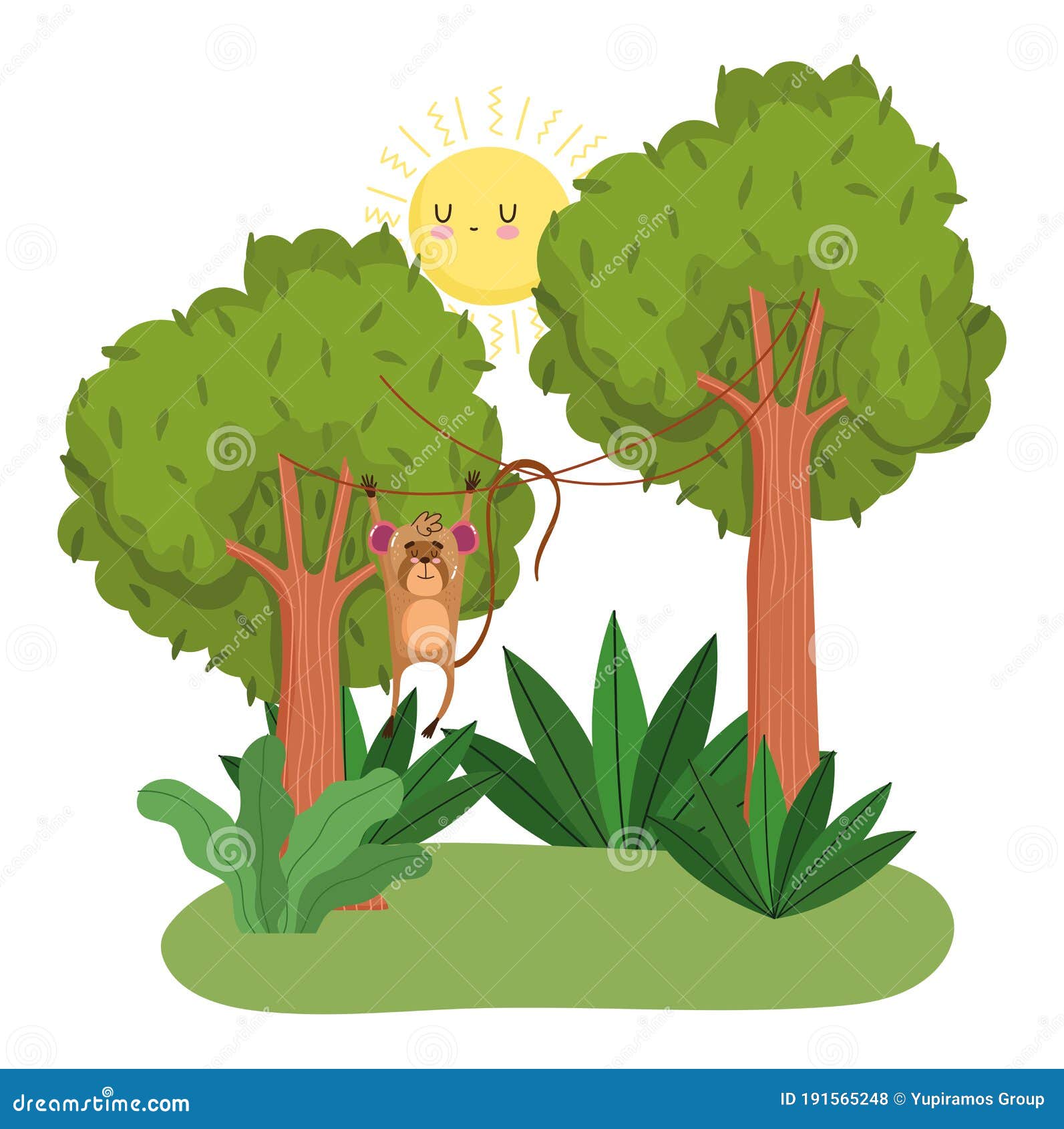 Cute Monkey Hanging Trees Forest Nature Wild Cartoon Stock Vector ...