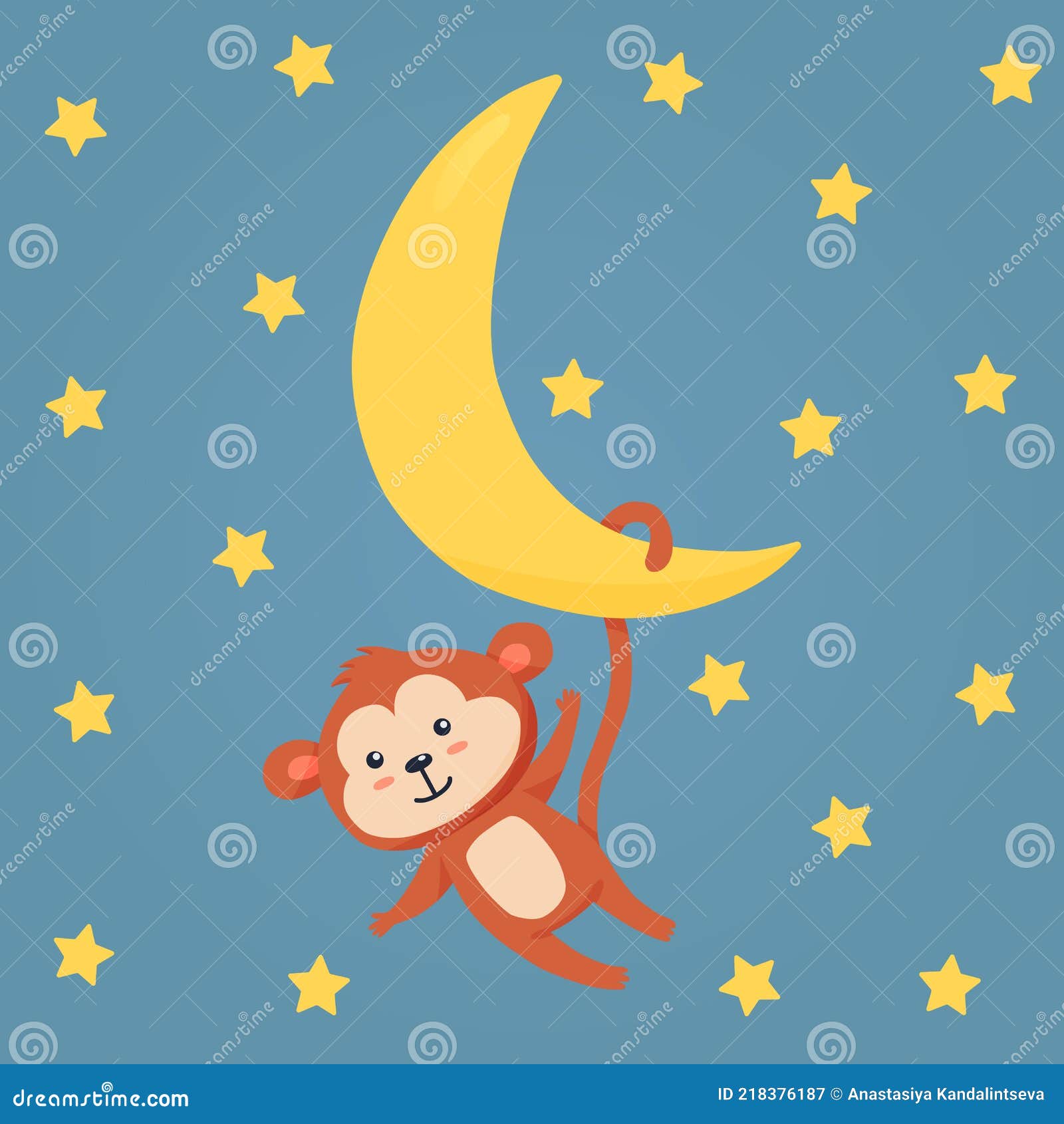 A Cute Monkey Hangs on the Moon. Illustration for a Postcard, Nursery ...