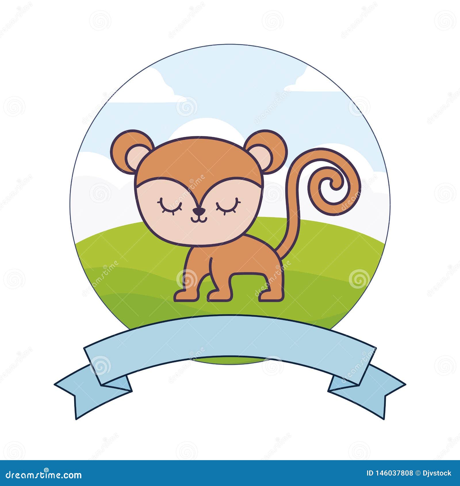 Cute Monkey in Landscape with Frame and Ribbon Stock Illustration ...