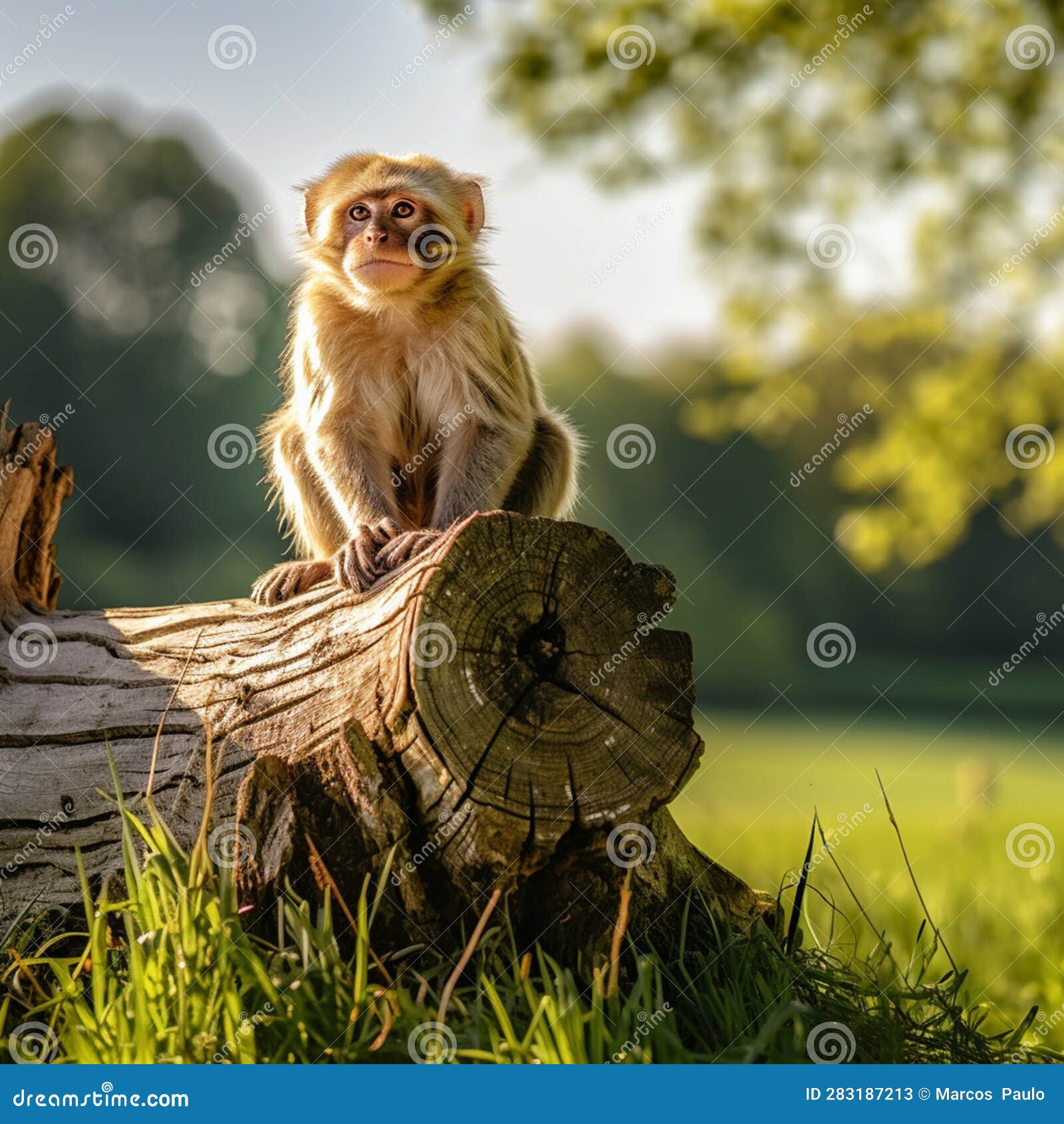 Monkey Perched on a Cut Wooden Log in a Forest with Blue and Sunny Sky ...