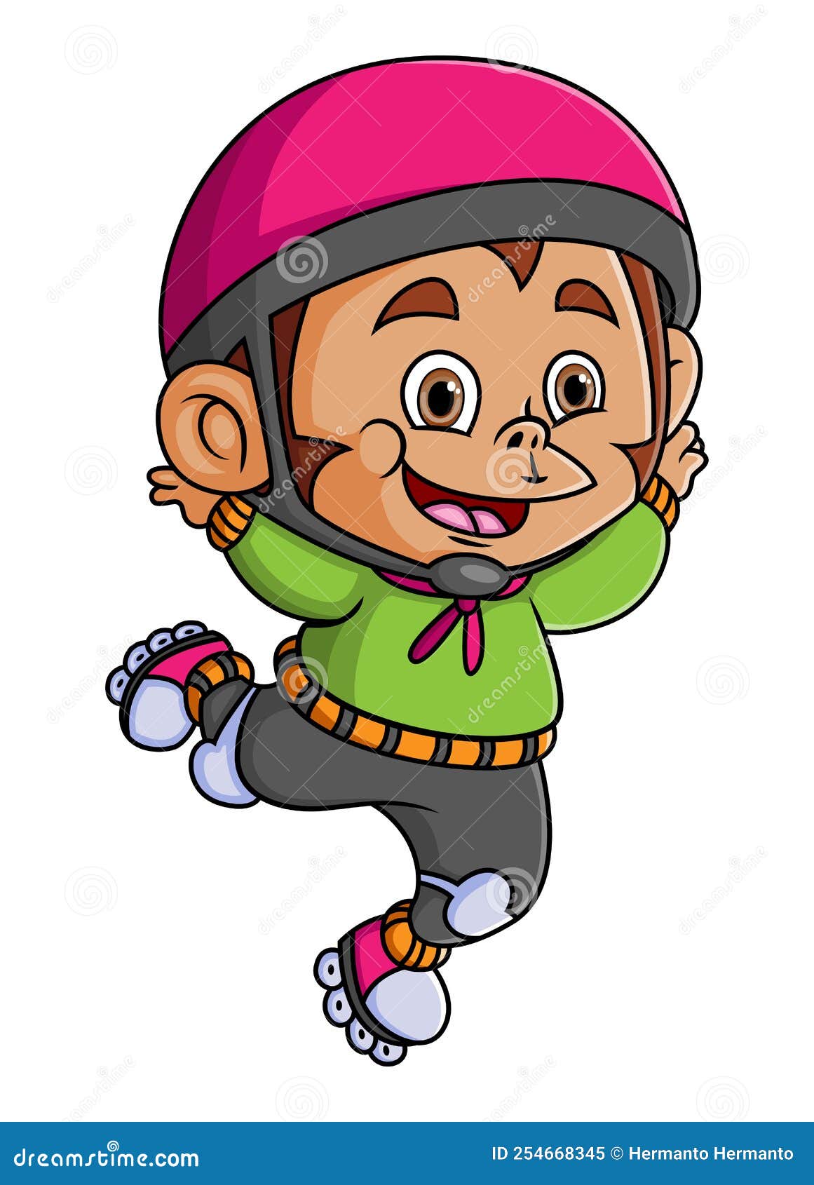 The Cute Monkey is Playing Roller Skates and Wearing Helmet Stock ...