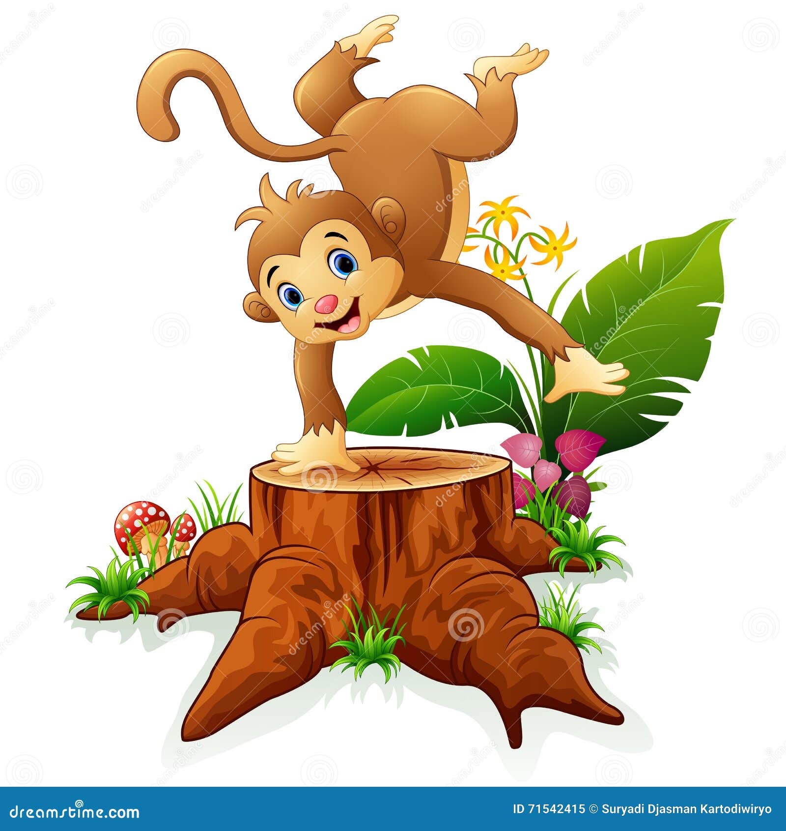 Cute Monkey Posing on Tree Stump Stock Vector - Illustration of waving ...
